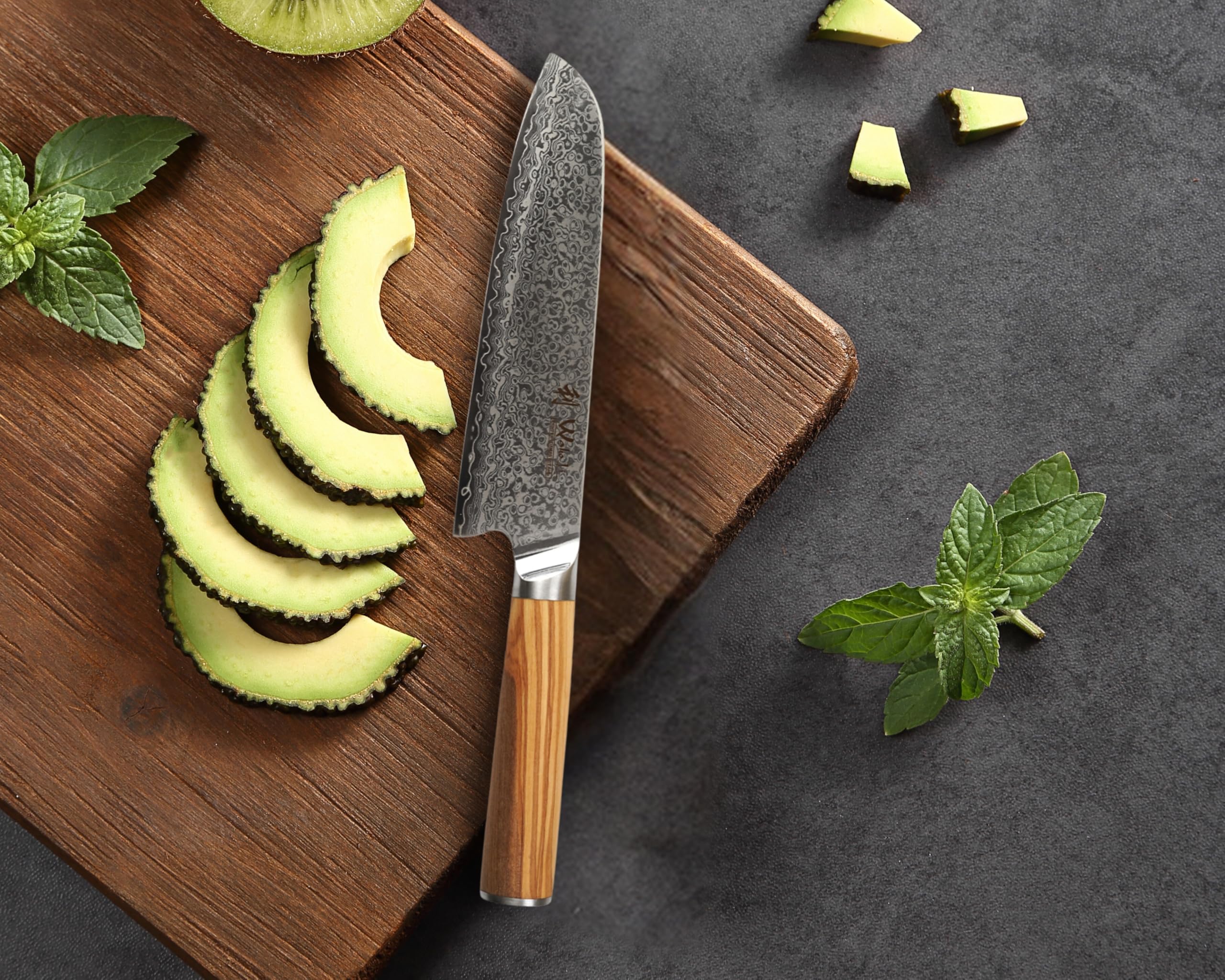 Wakoli Santoku Knife, 7-inch Blade Damascus Chef Knife made from 67 Layers of Damascus Steel with VG10 Core, Sharp Kitchen Knives with Olive Wood Handle, Meat Knife for All Tasks in Gift Box (Oribu)
