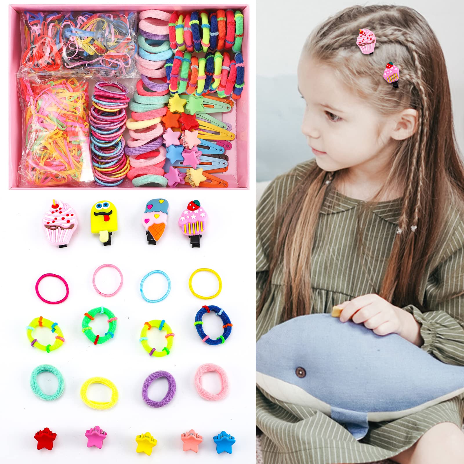 Girls' Hair Accessories, 800 Pcs Assorted Hair Ties, Rubber Bands in Different Styles for Toddlers and Teens - Gift Box Included