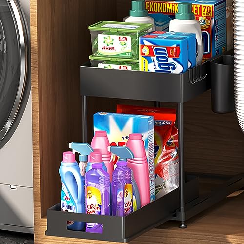 NYYTGE Under Sink Organizer Under Bathroom Cabinet Storage 2 Tier Storage Rack with 4 Hooks, Under Cabinet Organizer Baskets, Multi-purpose Under Sink Shelf Organizer for Bathroom Kitchen