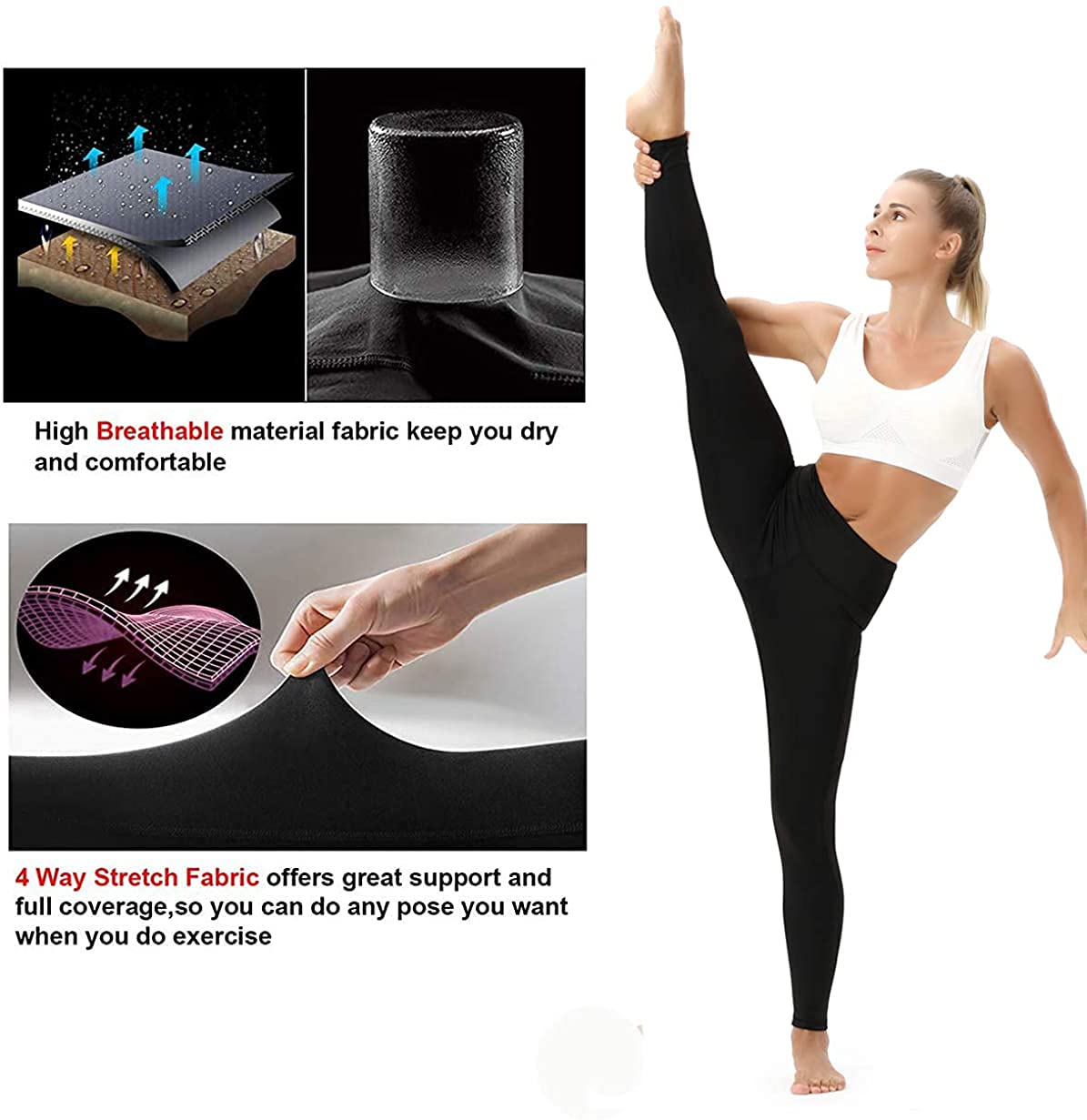 ENEESSI Women's High Waisted Yoga Leggings with Pockets,Tummy Control Non See Through Workout Athletic Running Yoga Pants Black XXL