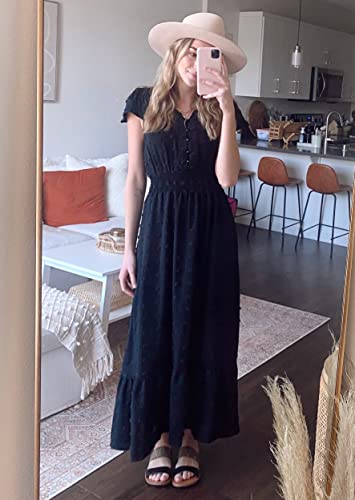 PRETTYGARDEN Womens Boho Short Sleeve V Neck Ruffle Tiered Maxi Dress Swiss Dot Smocked Dress Beach Long Dress (Large, Black)