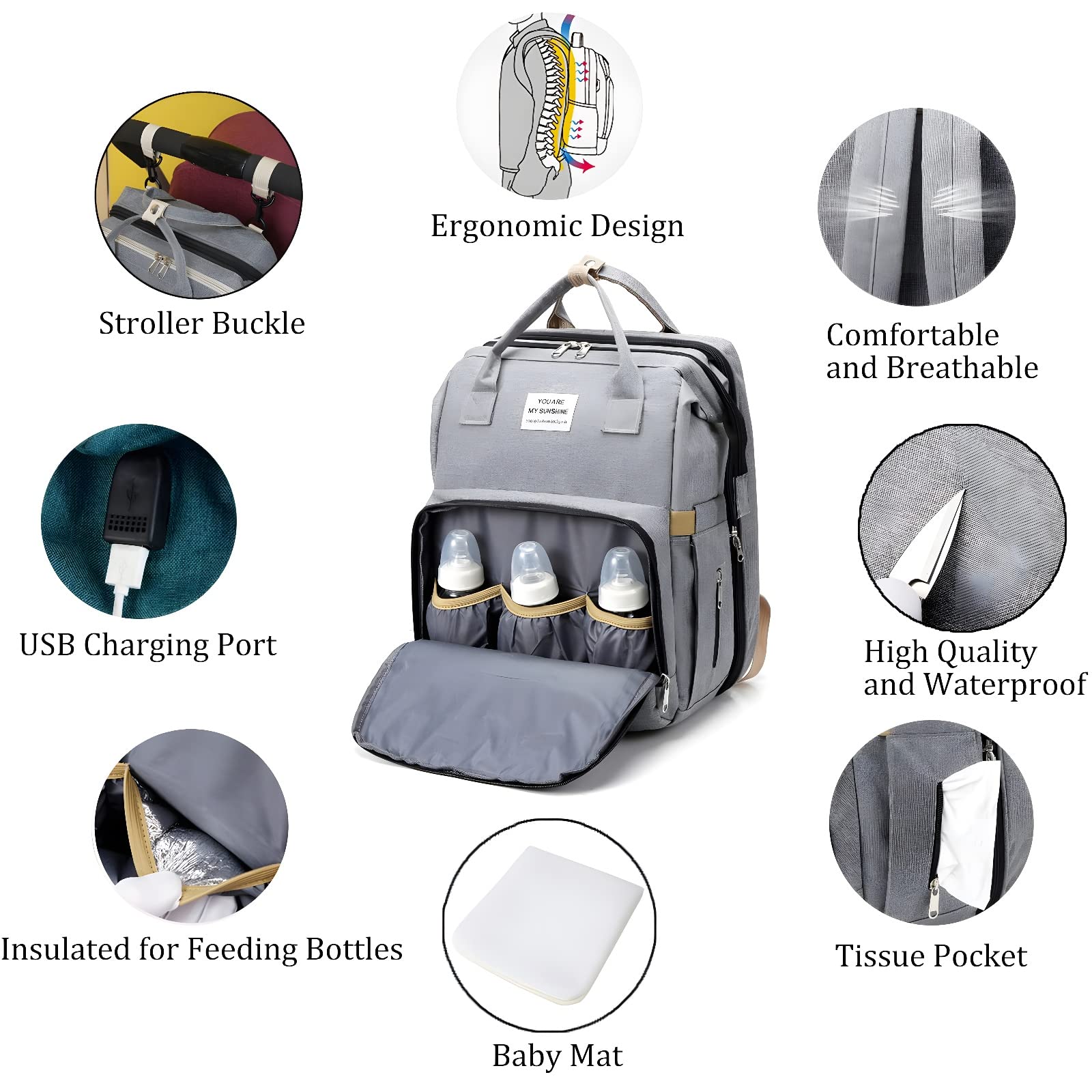 HNG KIANG HU 3 in 1 Diaper Bag Backpack,Multifunction Large Waterproof Diaper Bag with USB Charging Port for Travel (Grey)