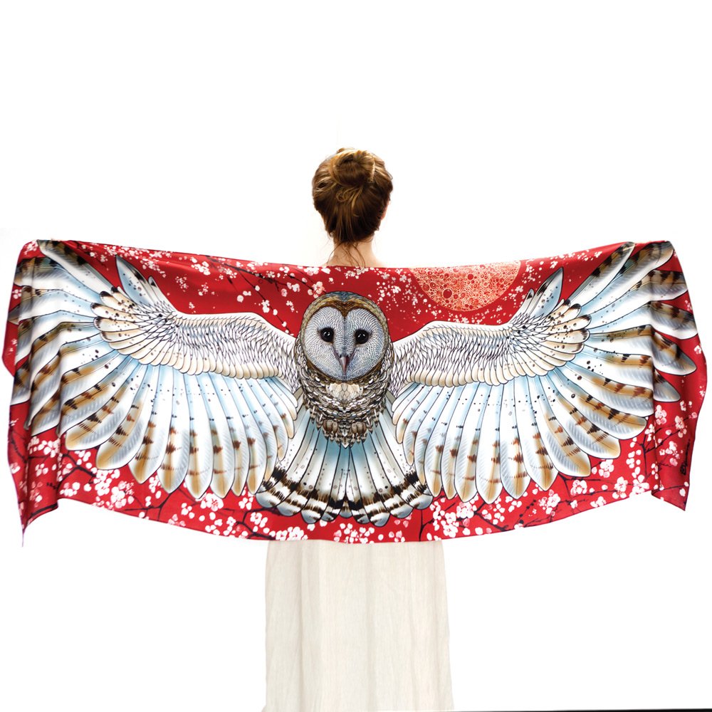 Designer Silk & Cashmere Scarf With Wide Spread Red & White Bird Feather Wings (Cherry Owl)