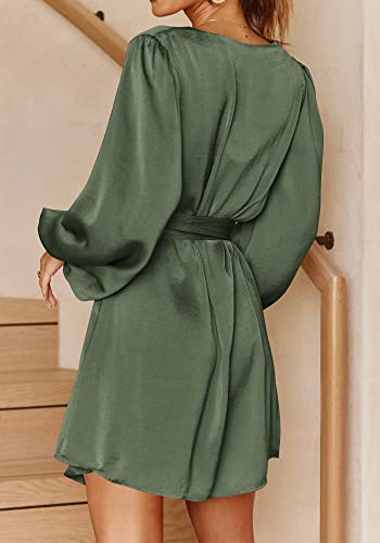 PRETTYGARDEN Women's Spring Long Puff Sleeve Satin Dress V Neck Cocktail Party Belted Short Formal Dresses (Army Green,Medium)