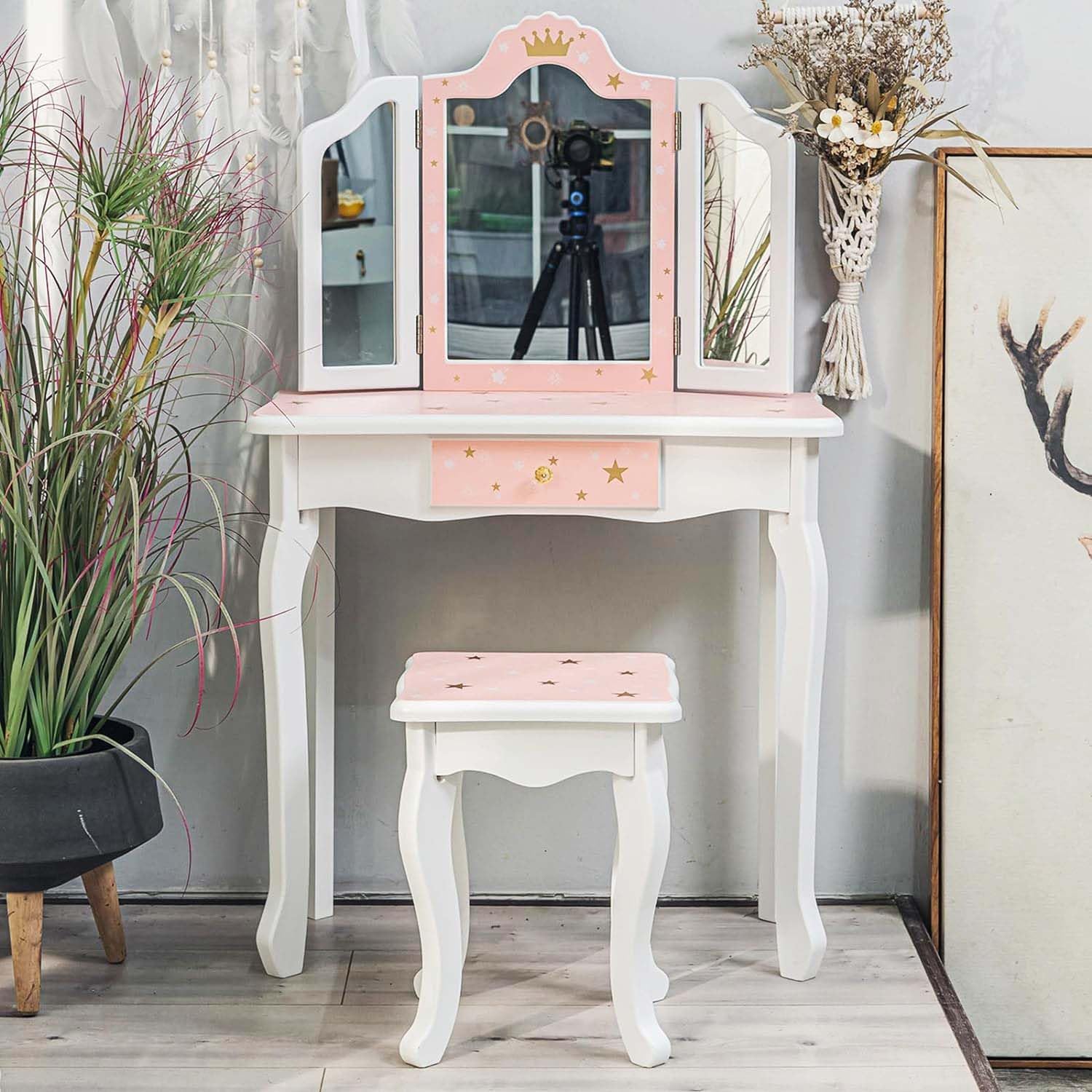 Hobbyfield 2-in-1 Princess Vanity Set,Princess Makeup Table with Mirror, Stool, Tri-Folding Mirror & Drawer,Pretend Play Dressing Table for Toddler Girls(Star Pink)