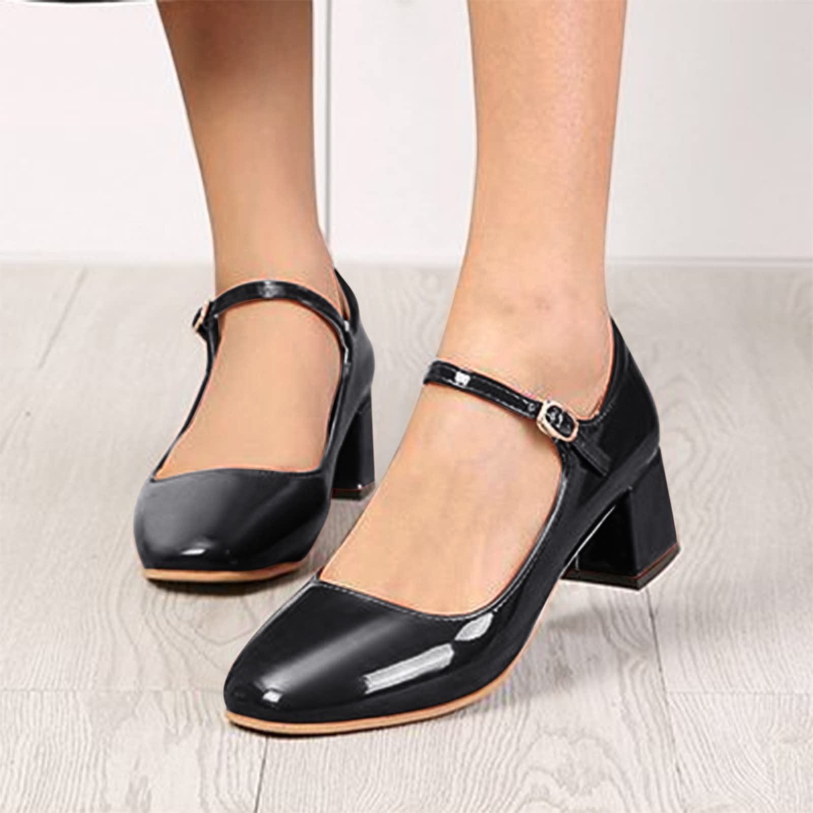 FASDNENDYS Spring Women's Leather Mouth Heel Thick Shoes Shallow High Medium Retro Heel Literary Casual Heel Women's Medium Heel Black