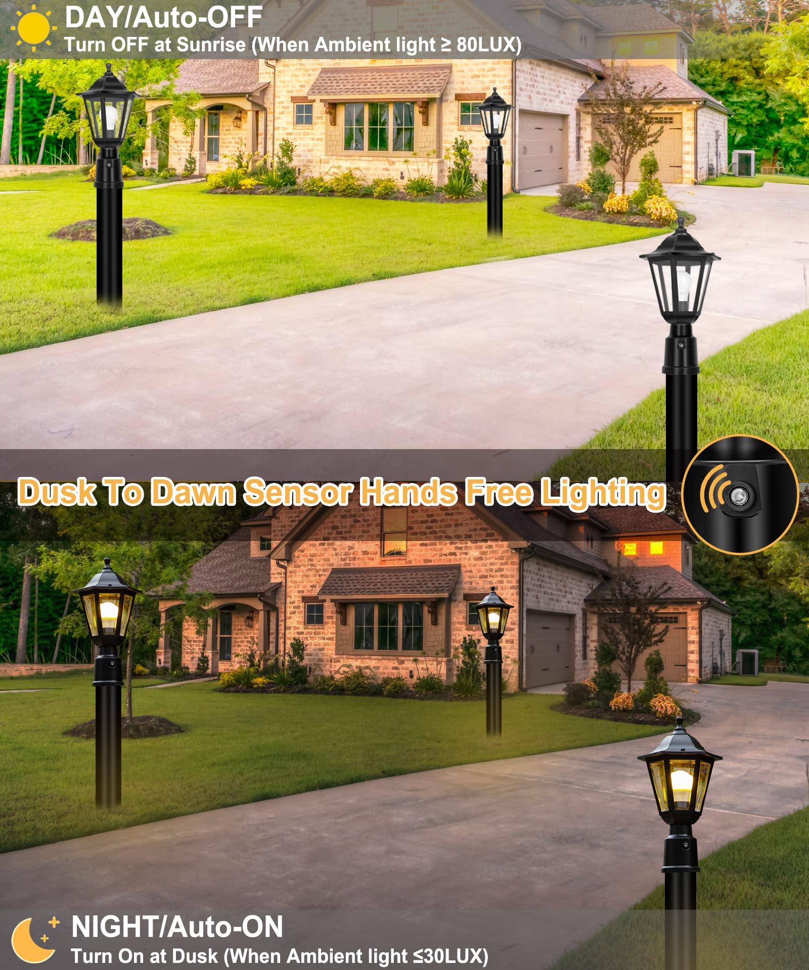 FUDESY Dusk to Dawn Sensor Outdoor Post Light, Waterproof Pole Lantern with Pier Mount Base, Exterior Plastic Lamp Light Fixture, for Garden, Patio, Pathway, FDS6163B1PS, Black, LED Bulb Included