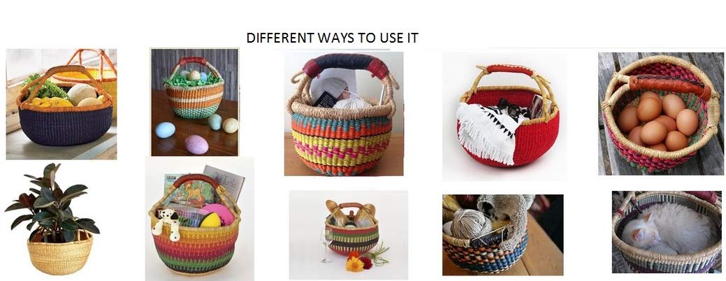 Fair Trade Ghana Bolga African Dye-Free Market Basket Natural Baskets (14"-16" Large: Black Handle)