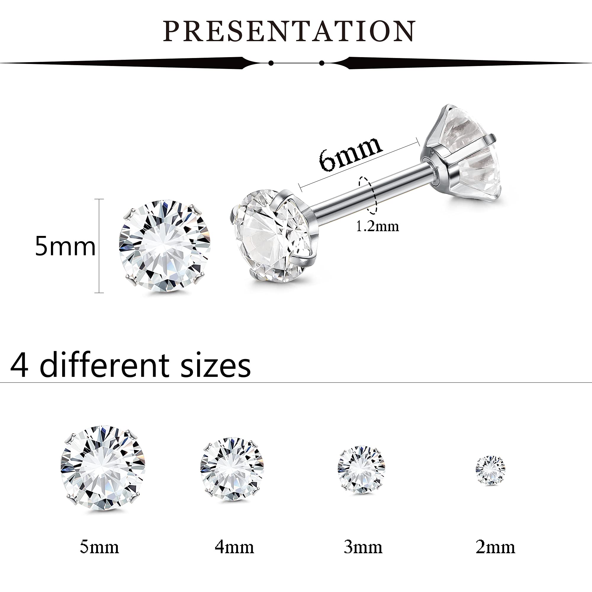 Drperfect 16G Cartilage Earring Stud for Women Men Internally Threaded Double 2MM 3MM 4MM 5MM Round Cubic Zirconia Tragus Helix Piercing Jewelry