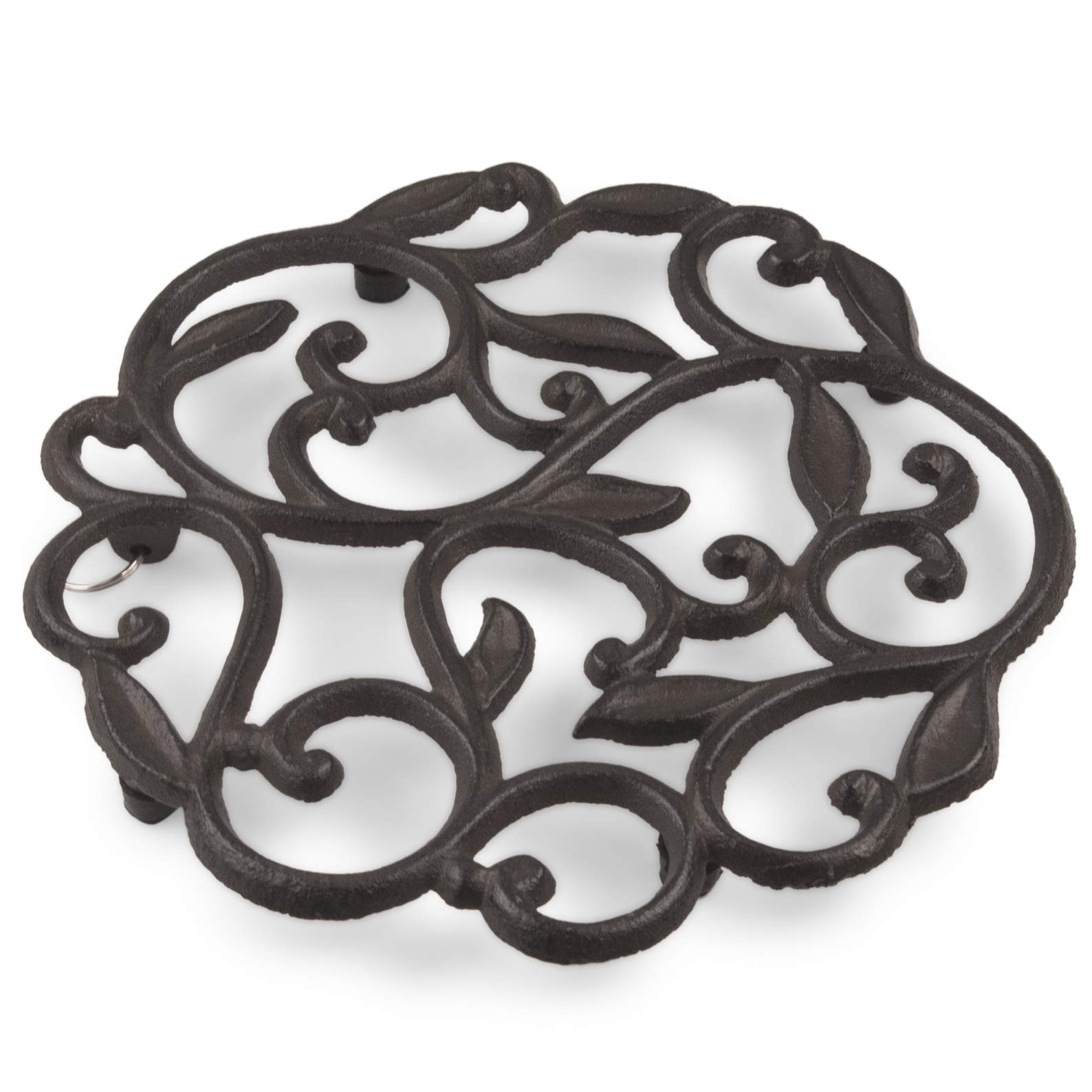 gasaré, Cast Iron Trivet for Hot Dishes, Pots, and Pans, Metal Trivet, Vine Plant Design, Rubber Feet Caps, Ring Hanger, 8 Inches, Brown, 1 Unit