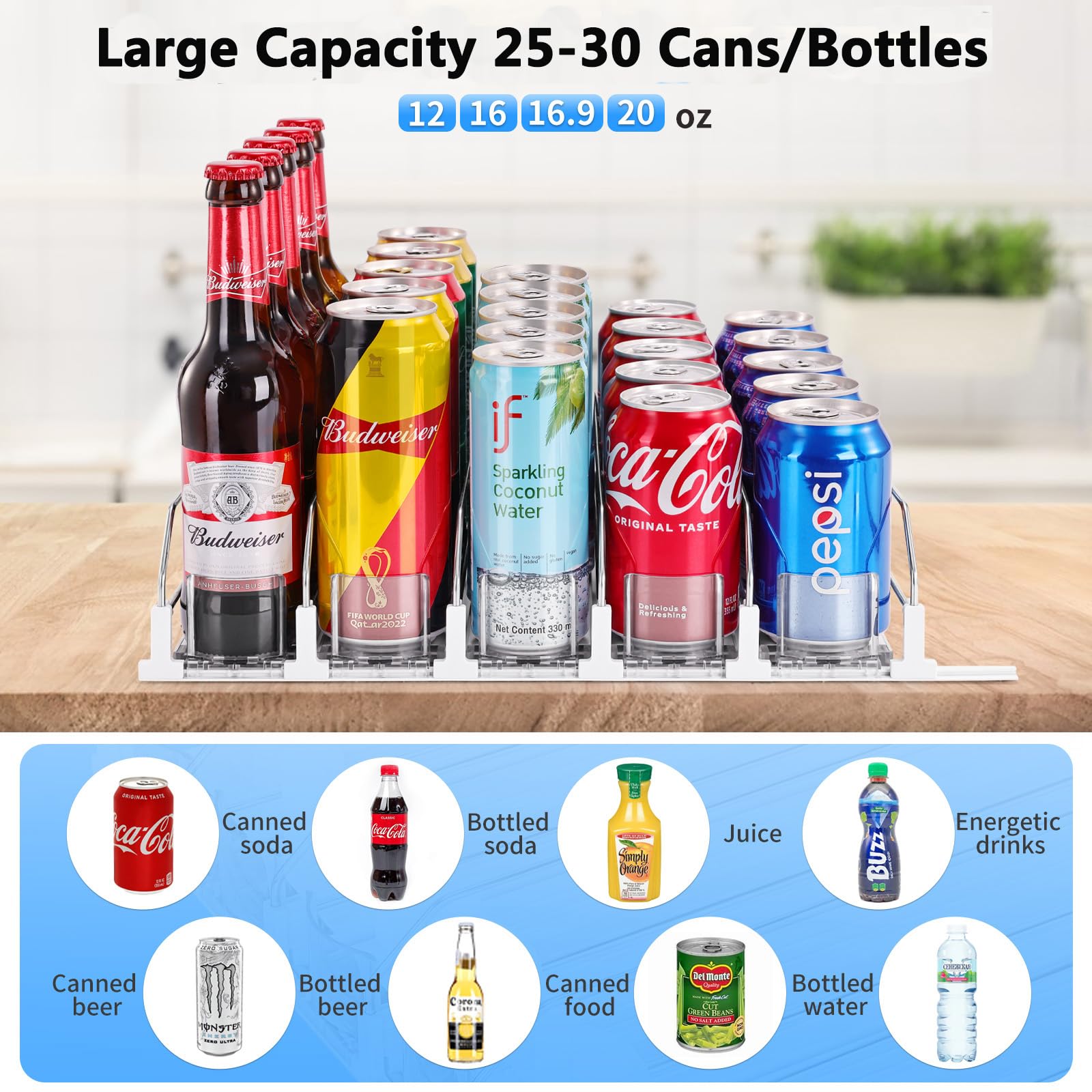 Drink Organizer for Fridge, Self-Sliding Soda Can Organizer for Refrigerator and Adjustable Width, 12oz 16oz 20oz drinks can be accommodated, up to 40+ Cans(5+3 ROWS)