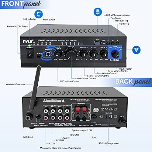 Pyle Home Bluetooth Audio Power Amplifier 2X120 Watt - Portable 2 Channel Surround Sound Stereo Receiver w/ USB - Amplified Subwoofer Speaker, CD DVD, MP3, iPhone, Phone, Theater, PA System -PTAU45.5