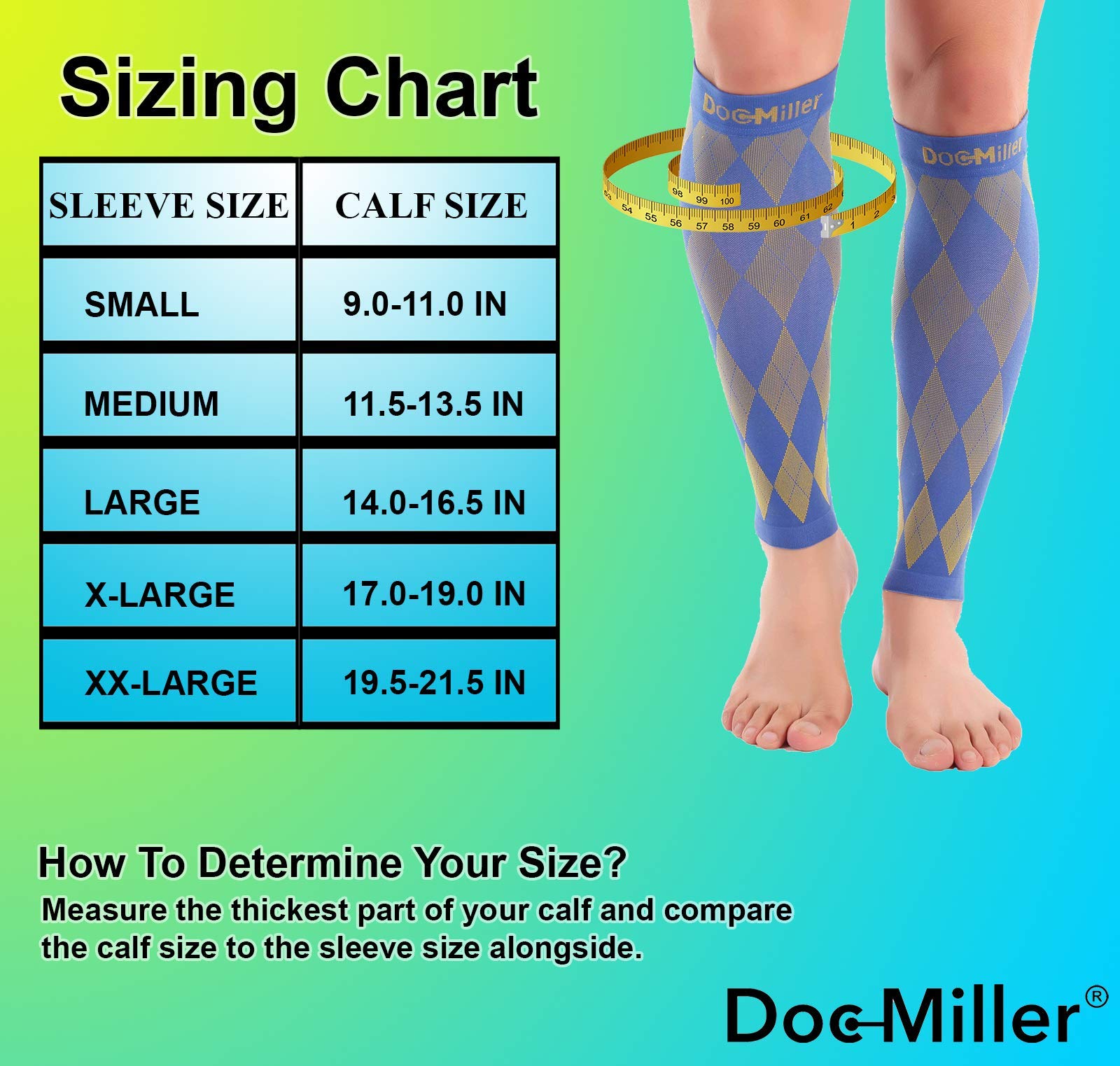 Doc Miller Premium Calf Compression Sleeve 1 Pair 20-30mmHg Graduated Support for Sports Running Circulation Recovery Shin Splints Varicose Veins (Ylw.Blue, S)