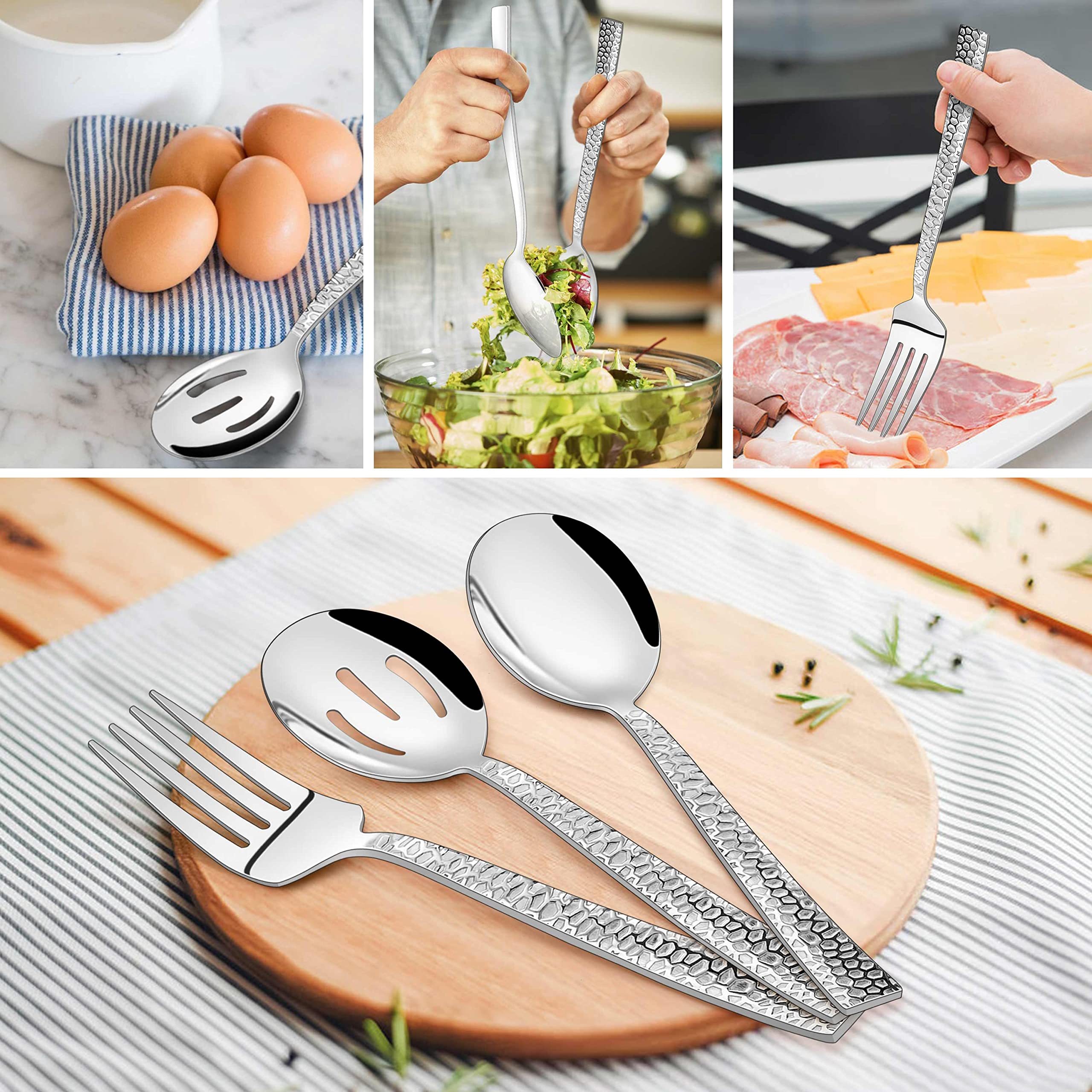 HaWare Hammered Serving Utensils Set, 6-Piece Stainless Steel Square Hostess Serving Set include Serving Spoon, Fork, Slotted Spoon for Party Buffet Banquet Catering, Mirror Polished, Dishwasher Safe