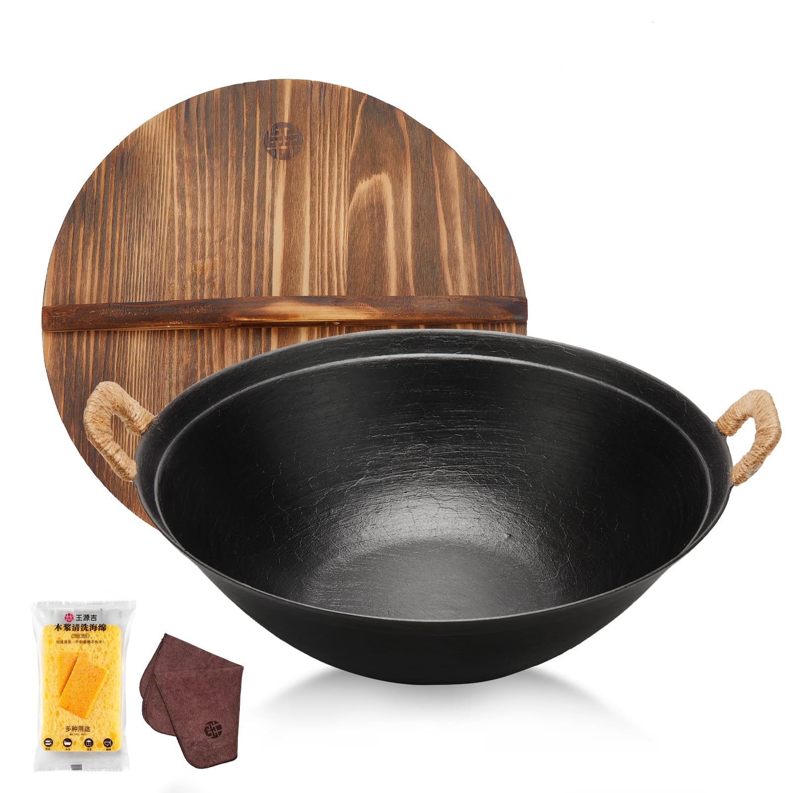 WANGYUANJI Handmade Cast Iron Wok 14.2" Large Woks Stir-Fry Pans with Dual Handle,Fry Pan Suitable for Induction, Electric, Gas, Halogen All Stoves-Black,Uncoated Craft Wok Healthy Cooking Wok