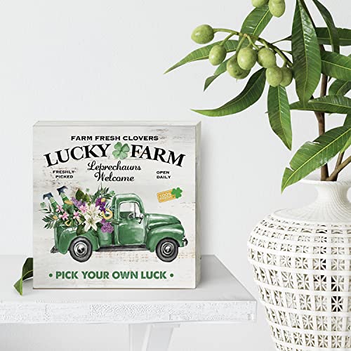 Lucky Farm Shamrock Wood Box Sign Decor Rustic Green Pickup St. Patrick's Day Wooden Box Sign Block Plaque for Wall Tabletop Desk Home Decoration
