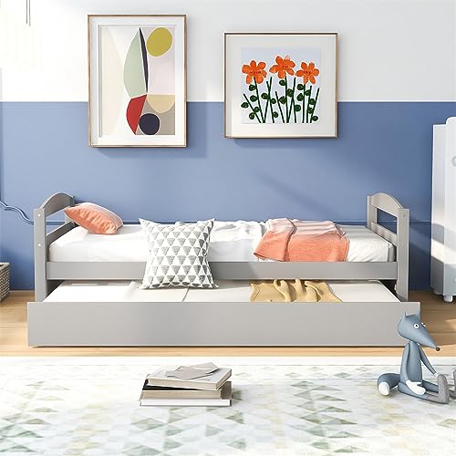LLS Twin Size Daybed with Trundle, Solid Wood Daybed Frame with Headboard and Footboard, Space Saving Platform Bed Sofa Bed with Sturdy Slats Support, No Box Spring Needed, Gray