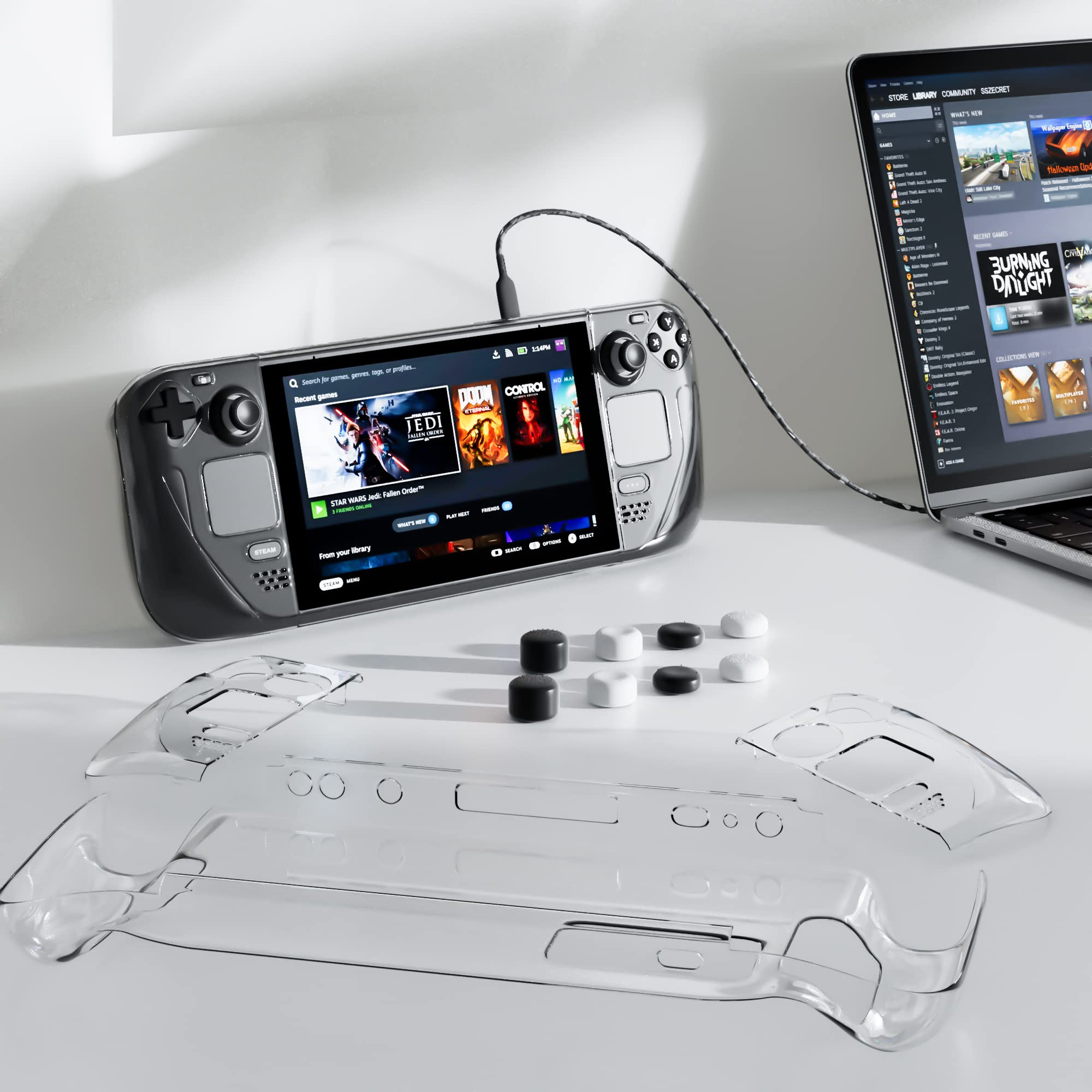 GLDRAM Protective Case for Valve Steam Deck, Clear PC Cover Kit Compatible with Steam Deck with 2 Glass Screen Protector, 8 Thumb Grip Caps, Hard Shell Accessories Drop Protection, Anti- Scratch