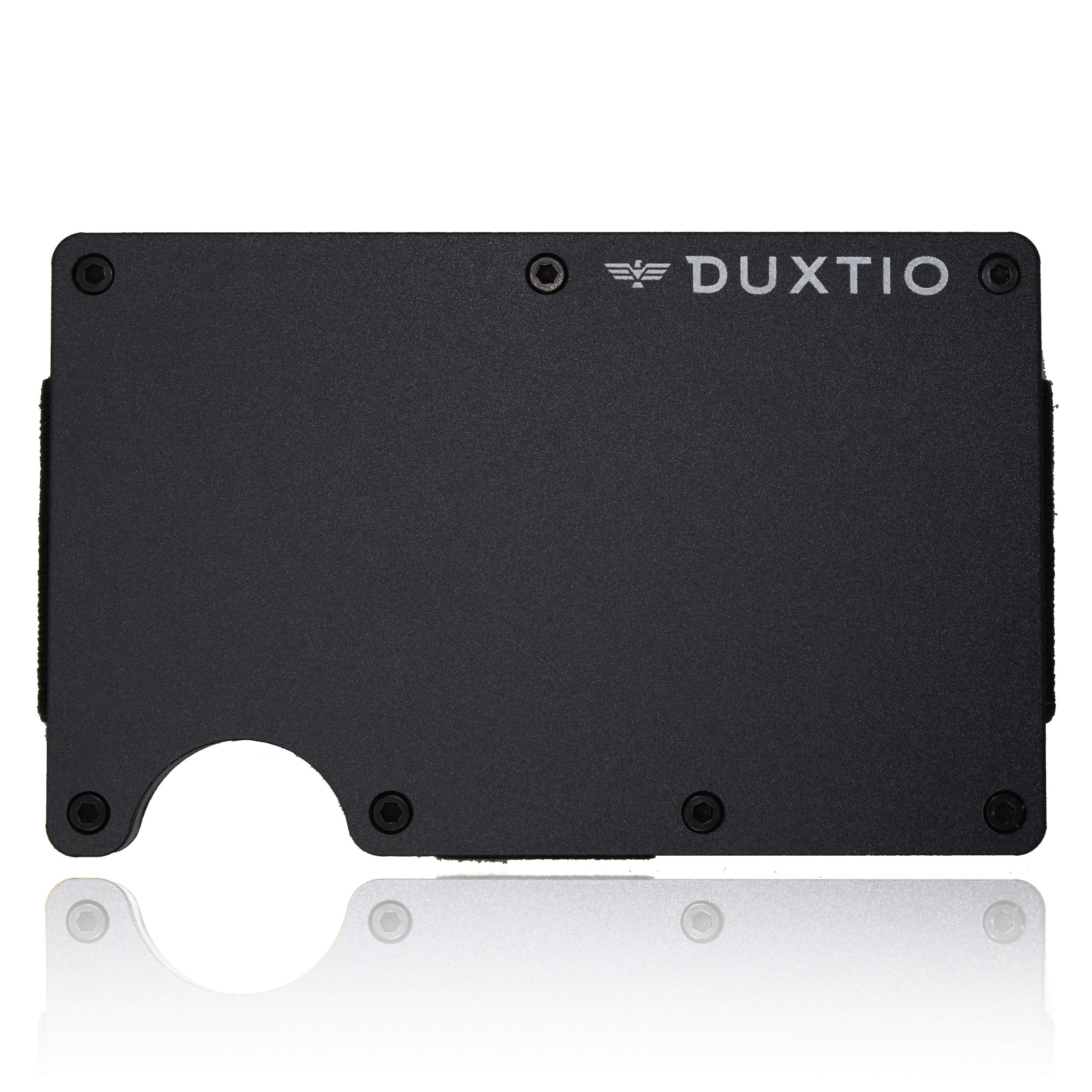 DUXTIO Slim Minimalist Aluminum Wallet for Men/Credit Card Holder for Men with Cash Strap (Black)