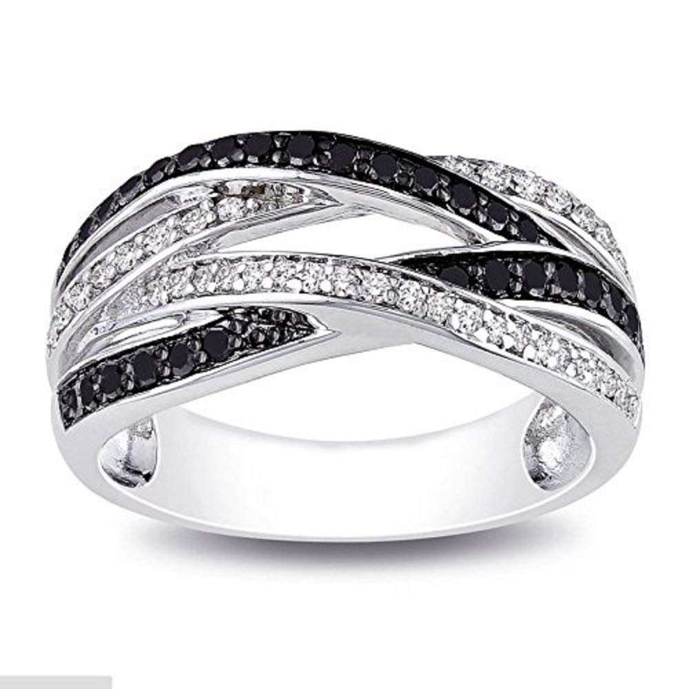 DOCCESTU 925 Silver Jewelry Black & White Sapphire Two Tone Black and White Pave Cubic Zirconia CZ Criss-Cross X Band Ring Size 6-10 (US Code 7)