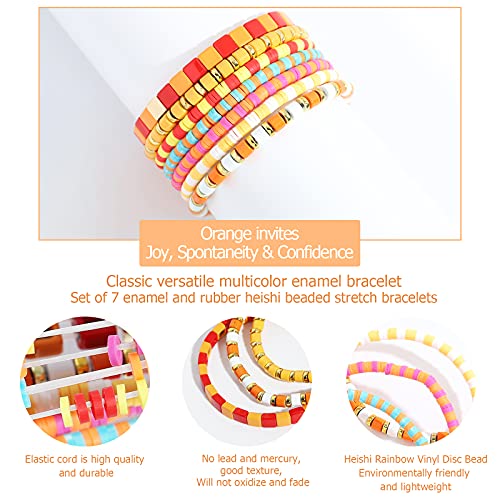 Dvacaman 3-7Pcs Bohemian Enamel Beaded Stretch Bangles Stackable Bracelets Set for Women Promise Bracelet for Couples Multicolor Bracelets (7Pcs (Orange))