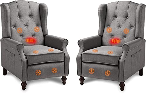 OQQOEE Wingback Recliner Chair with Massage & Heat Vibration, Fabric Push Back Accent Chairs Diamond Tufted Reclining Armchair for Living Room, Bedroom (Fabric, Light Grey)