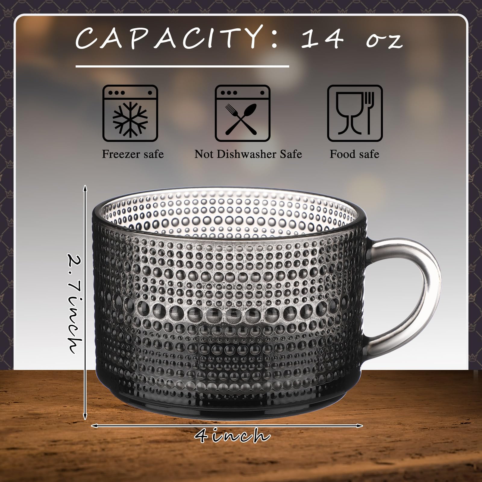 Eccliy 6 Pcs Vintage Coffee Mugs 14 oz Glass Stackable Tea Cups Embossed Glass Cups Coffee Cup Vintage Glassware with Handle for Cappuccino Latte Cereal Yogurt Beverage Dessert Water (Black)