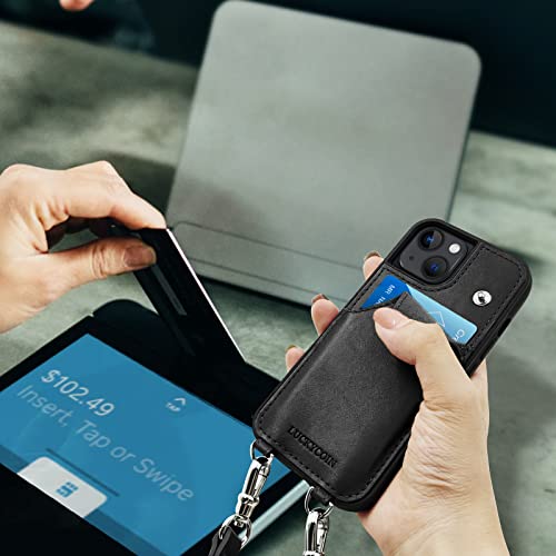 LUCKYCOIN for iPhone 13 Mini Crossbody Case Genuine Leather Card Slot Holders Wallet Protective Case Adjustable Leather Strap Lanyard Compatible with 2021 New Apple iPhone 13 Mini 5.4 inch Black