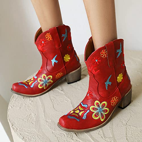FASDNENDYS Womens Casual Stylish Ankle Boots Comfortable Shoes for Adults Summer Womens Chunky Heel Boots Red