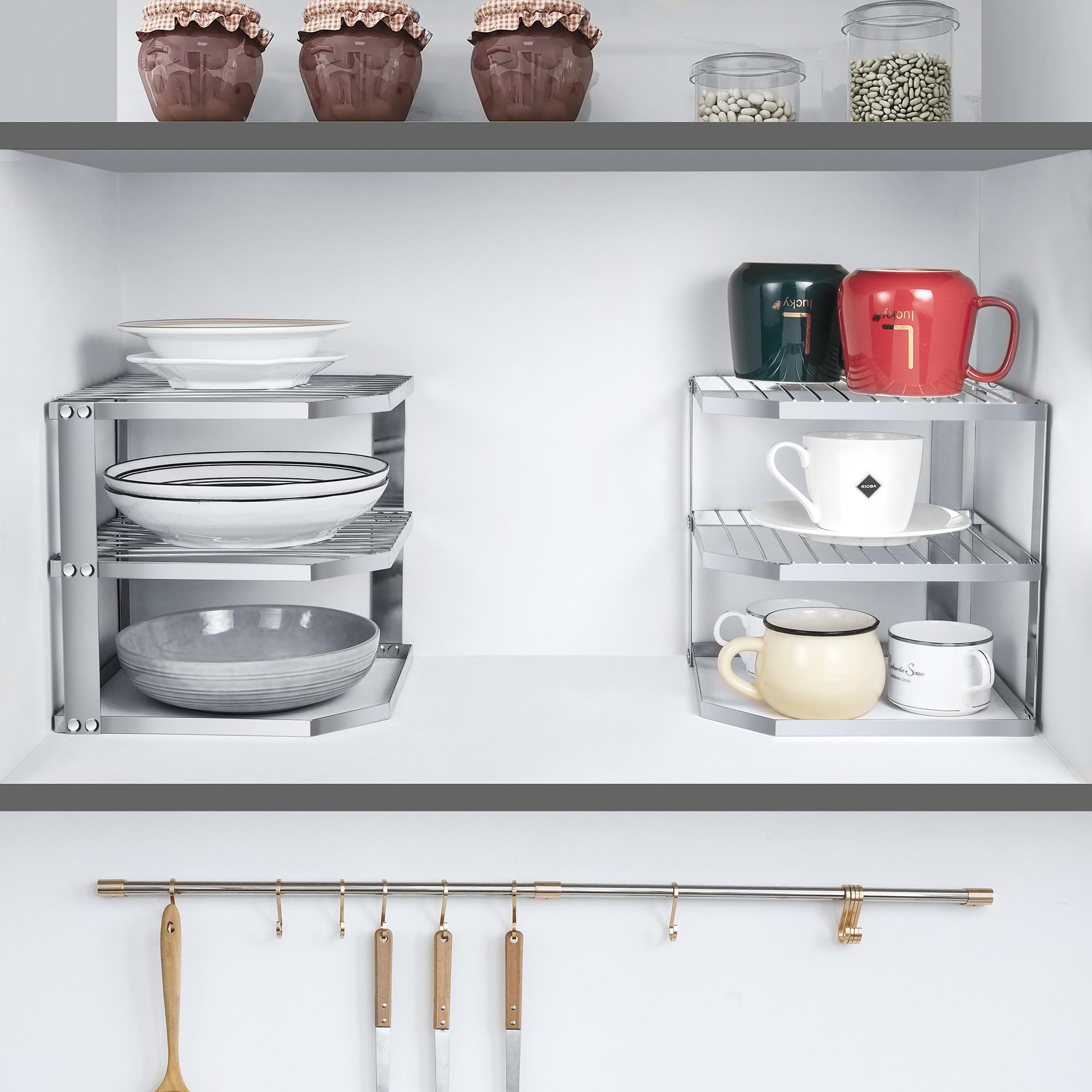 Lonian 3 Tier Counter and Cabinet Corner Shelf Organizer, 2-Pack Kitchen Countertop and Cupboard Organizer Rack, Metal Pantry Organizer and Storage Shelf for Plates, Cups, Dishes 