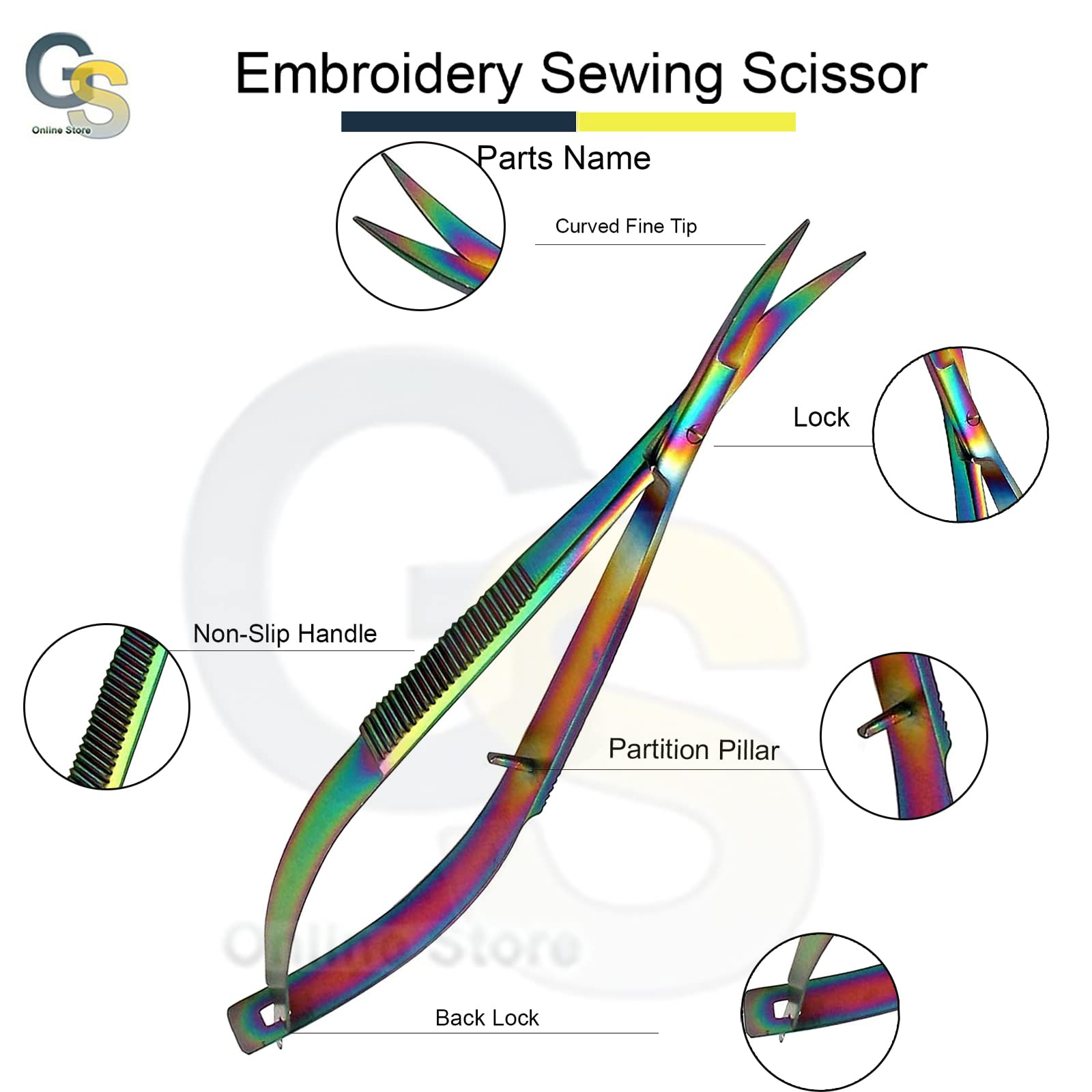 Embroidery Sewing Scissor - Titanium Spring Action Scissor 4.5" - German Grade Stainless Steel, Curved Tip, Snips, Thread Scissor - G.S Online Store