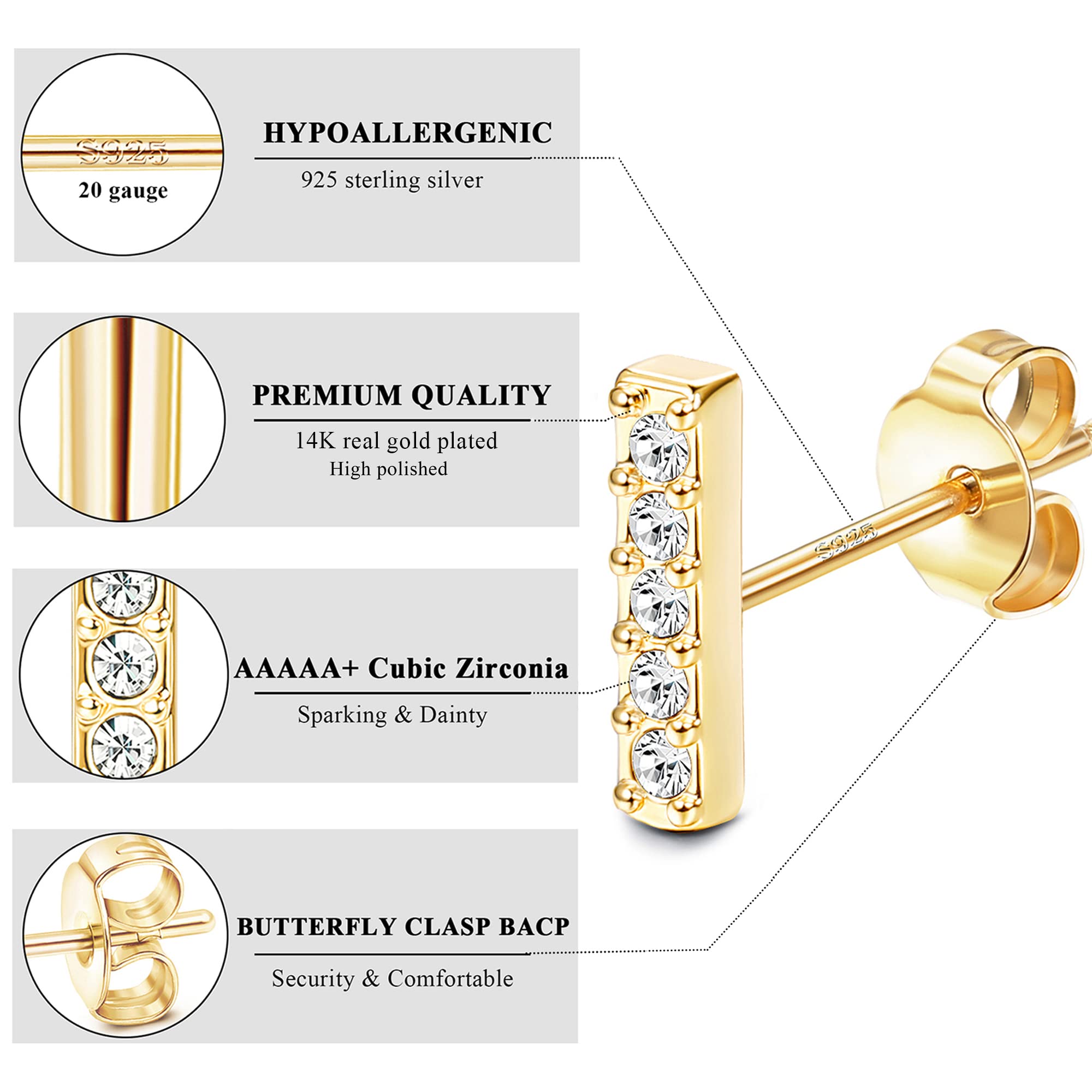 Dochais 6 Pairs Sterling Silver Stud Earrings for Women Men,14K Gold Plated Small Stud Earrings, Hypoallergenic Tiny Lightning Bolt Bar Circle CZ Stud Earrings Set