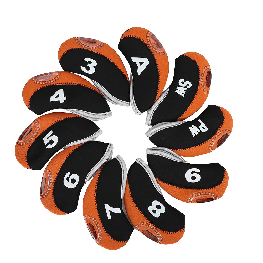 Dwawoo Head Covers, 10 Pcs Waterproof Iron Head Covers Putter Set 3 Colors Optional Protector Case(Black&Orange)