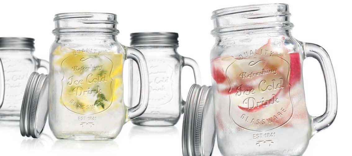 Glaver's Mason Drinking Jars β Set of 4, 16 Oz Clear Glass Jar with Handle and Lid. β Ice-Cold Drink Glassware Logo β Glass Mugs Ideal for Cold Beverages, Juice, Smoothie, Cocktails.