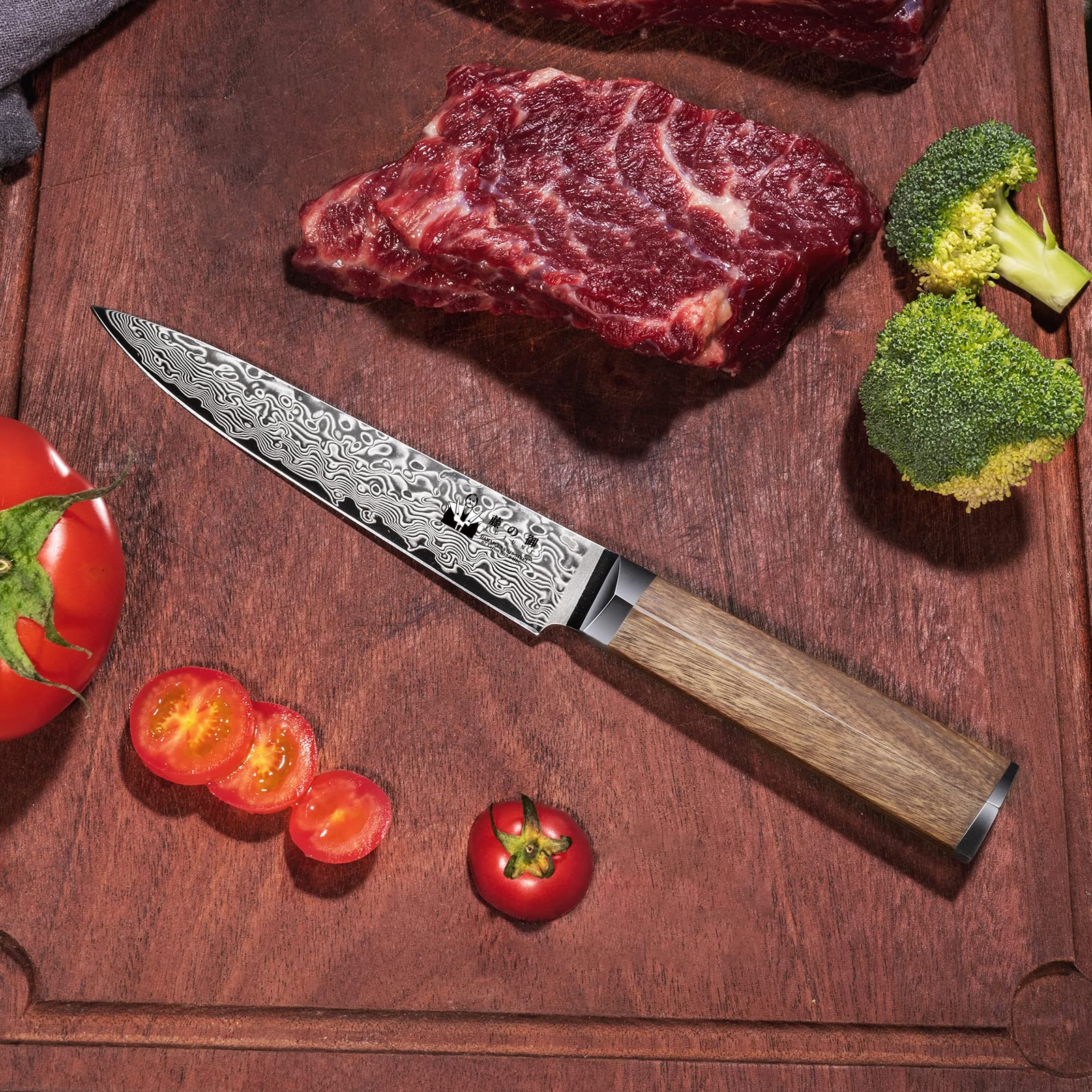 FUJUNI Kitchen Utility Knife 5 inch Damascus Small Chef Knife 67-Layer Damascus VG10 Steel Ultra Sharp Professional Paring Knife with Hexagon Natural Wood Handle
