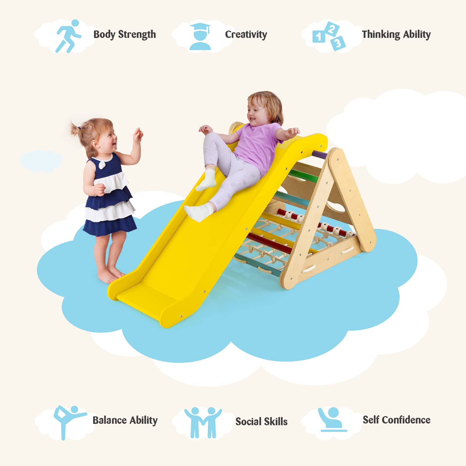 GLACER 4-in-1 Climbing Triangle w/Ramp, Climbing Toy Set with Rope Wall, Climbing Rock & Climbing Ladder, Fun Slide, Indoor & Outdoor Fun Triangle Climber for Kids Room, Play Room, Daycare (Rainbow)