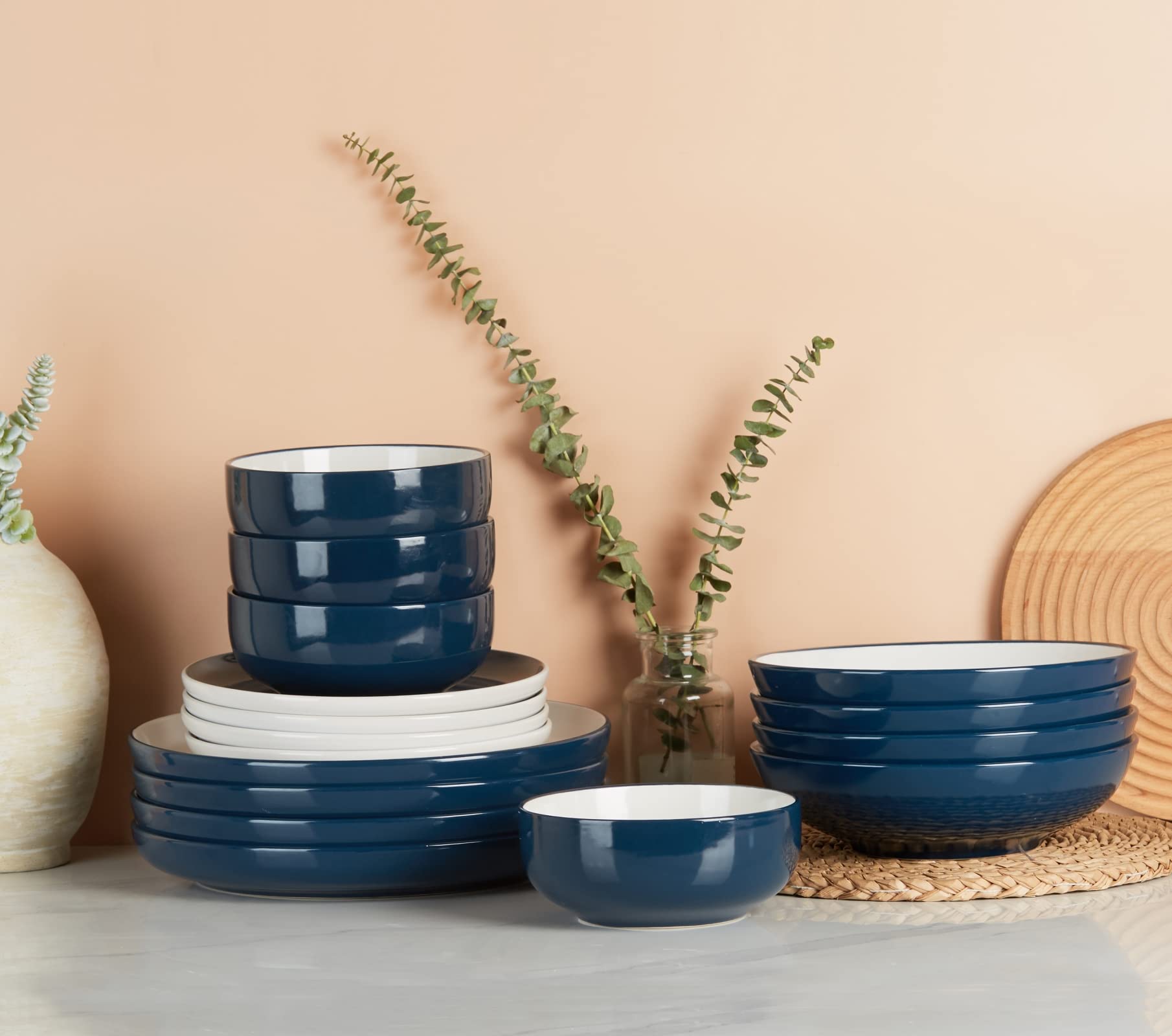GBHOME 8.75'' Large Pasta Bowls Set of 4, 42oz Stoneware Deep Salad Pasta Bowls for Kitchen, Chip-resistant Bowls Set for Salad Pasta Meal, Microwave and Dishwasher Safe, White-Cobalt