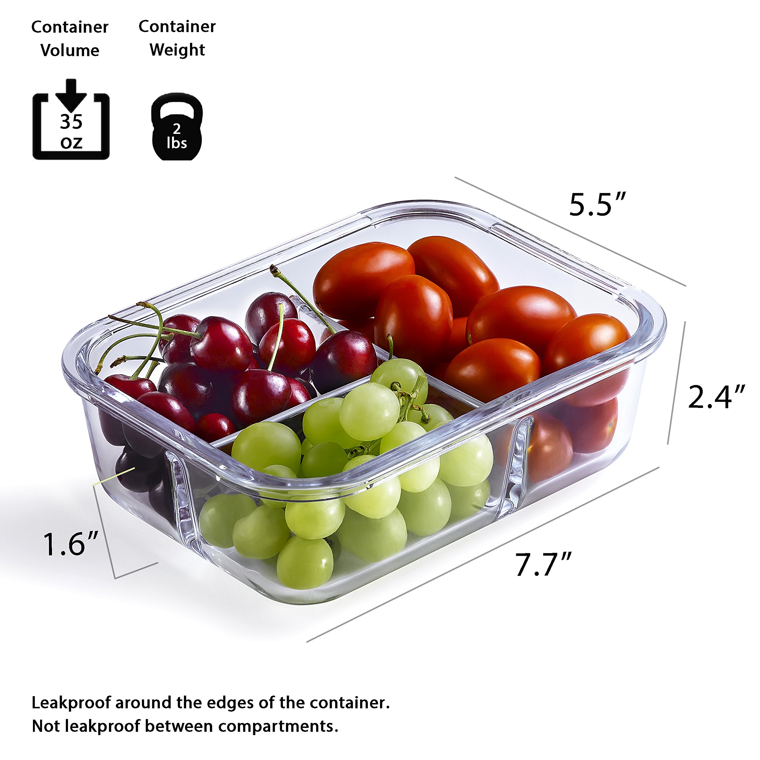 Glass Meal Prep Containers - 4-Pack 35 Oz. 3 Compartment Bento Box Lunch Containers | Bento Lunch Box Portion Control Containers | 3 Compartment Food Containers