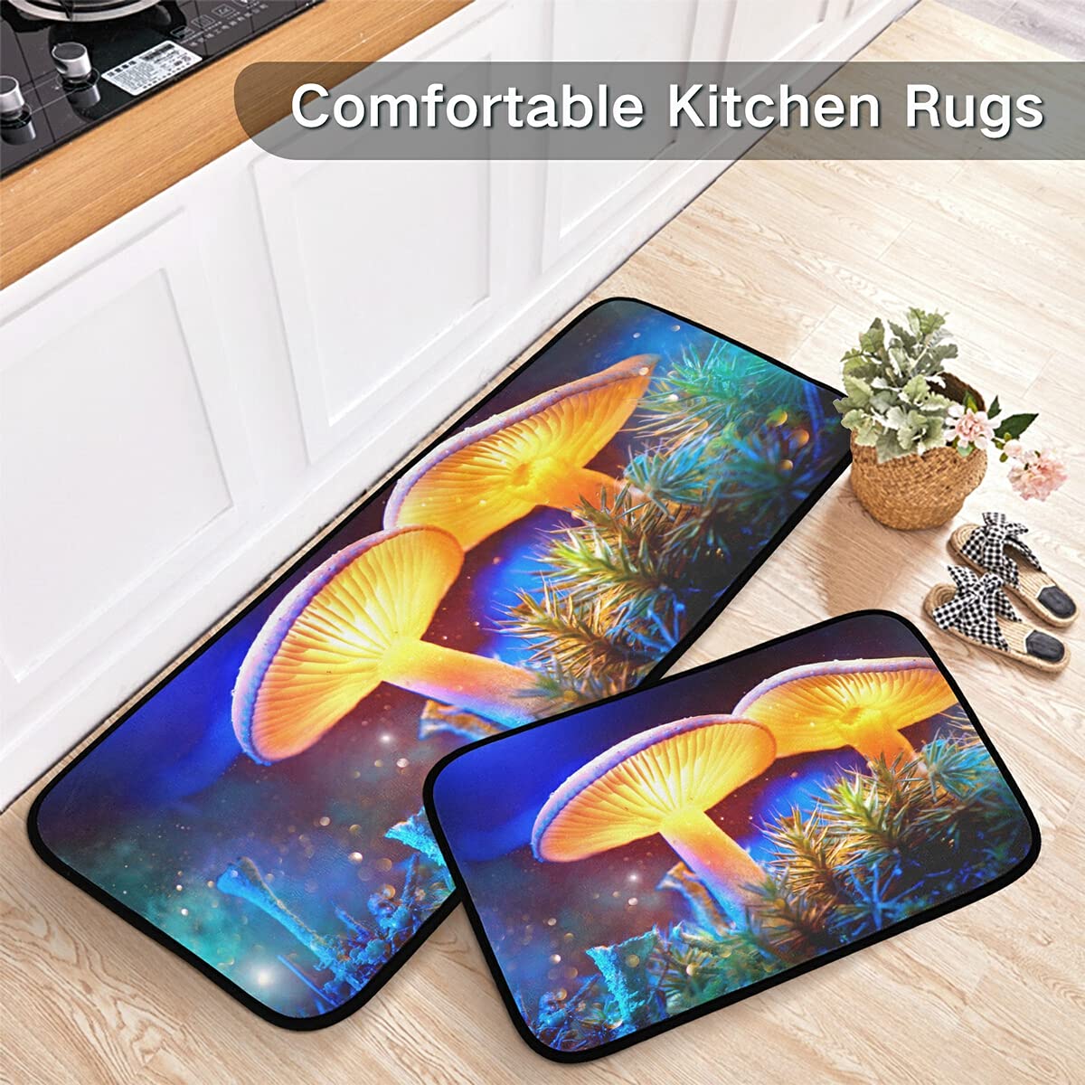 Emelivor Fantasy Glowing Mushrooms Kitchen Rugs and Mats Set 2 Piece Non Slip Washable Runner Rug Set of 2 for Kitchen Floor Home Decorative Laundry