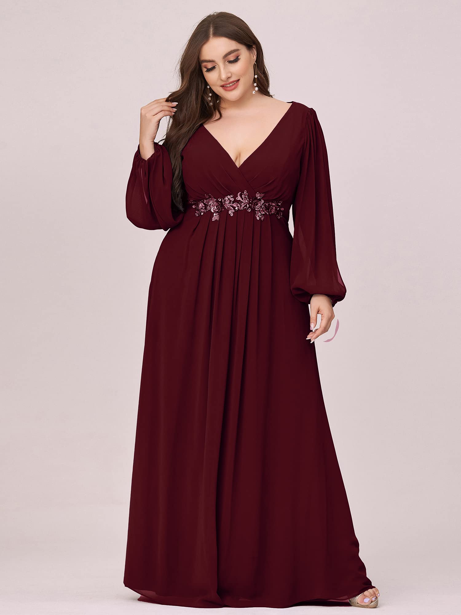 Ever-Pretty Plus Women's Chiffon Plus Size V Neck Side Slit Sleeves Beach Dress Burgundy US24
