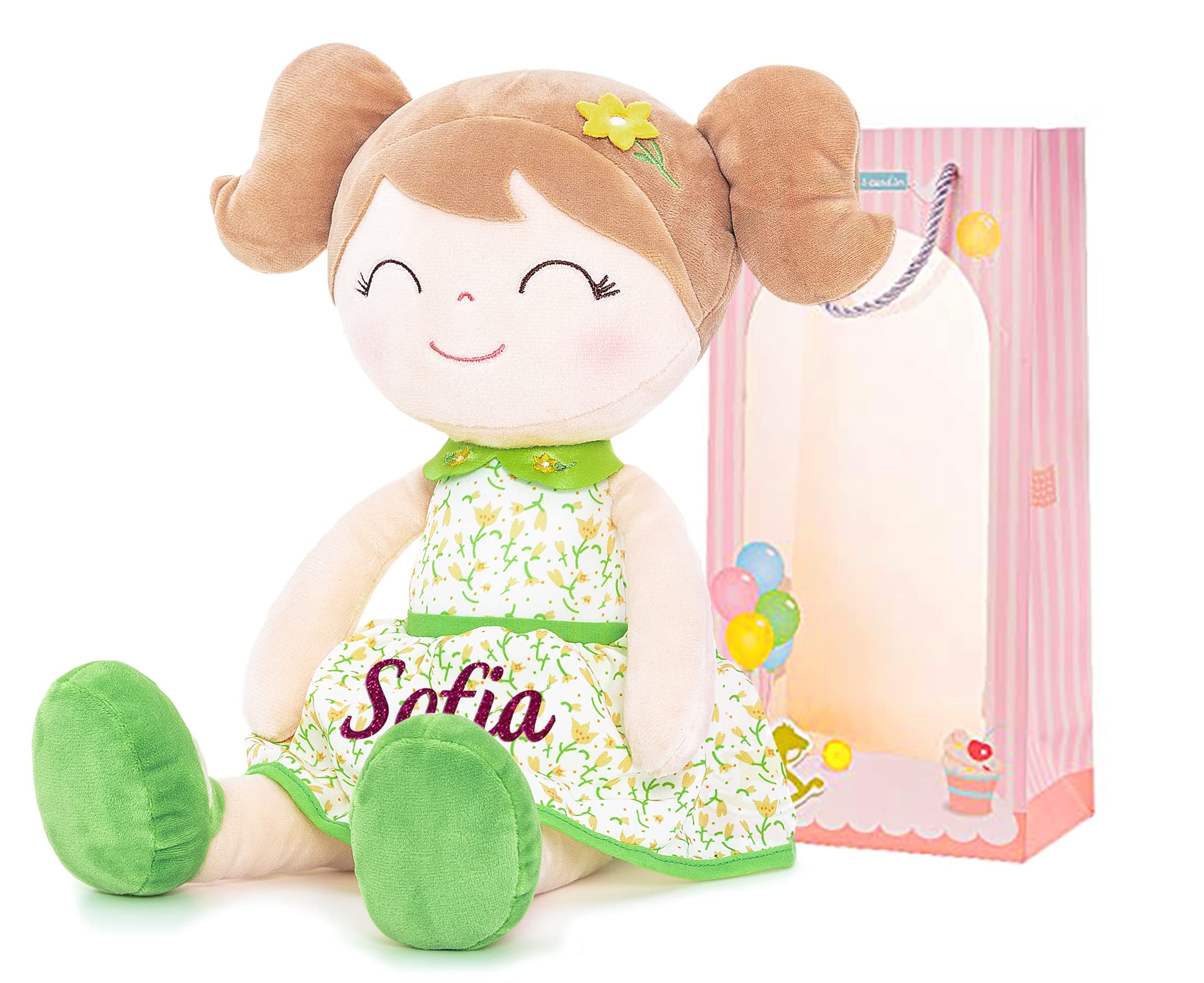 Gloveleya Personalized Doll with Your Name - Cute Green White Color Custom Soft Plush Doll for Girls Plush Doll Customized Gifts