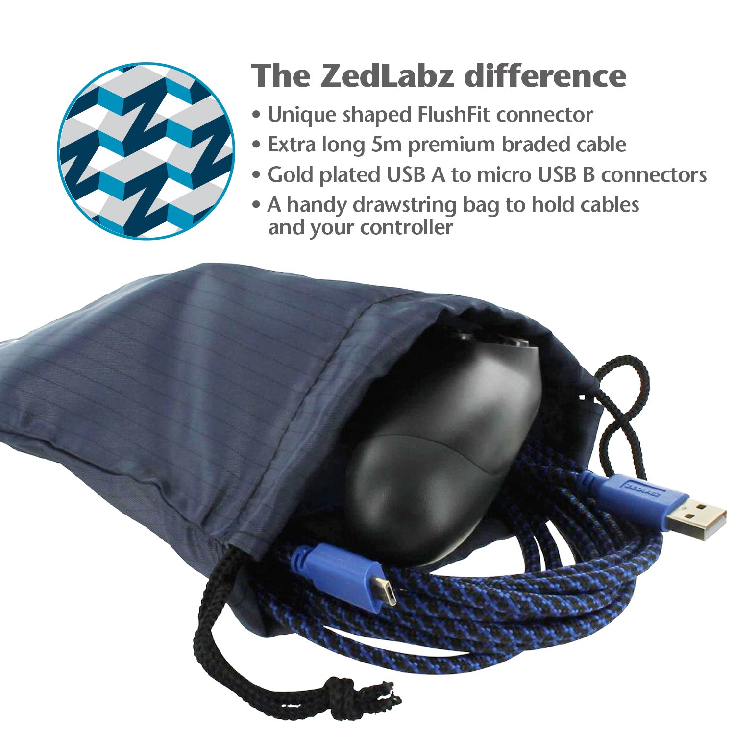 ZedLabz Ultra 5M braided charging cable for Sony PS4 controllers - gold plated flush fit extra long USB play & charge cable lead β Includes tidy and drawstring storage bag