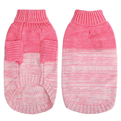 Queenmore Knitted Pullover Dog Sweater, Turtleneck Pet Cat Sweater, Cold Weather Puppy Clothes Stitching Knitwear with Leash Hole for Small Medium Dogs(Pink,L)