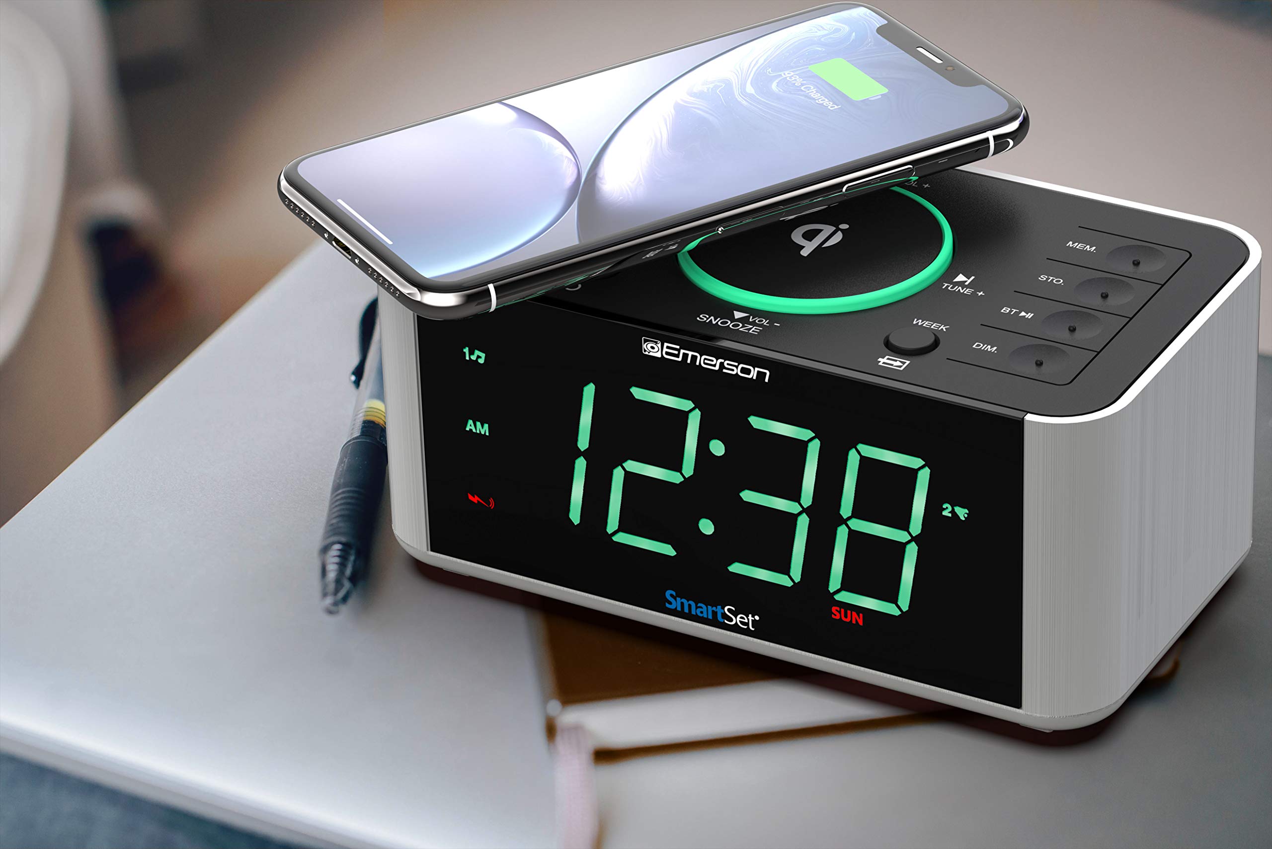 Emerson Smartset Dual Alarm Clock Radio and QI Wireless Phone Charger with Bluetooth, All Qi Compatible Phones, ER100202