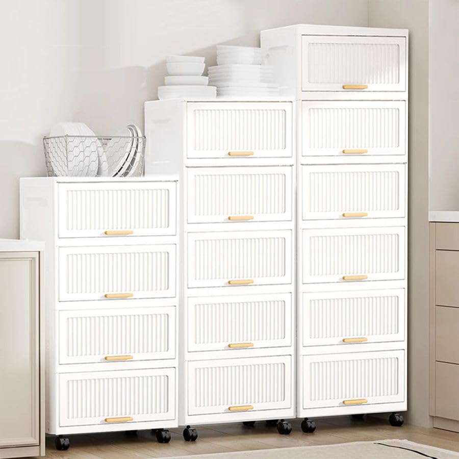 Holaki 4 Tier Tall Dresser, Plastic Vertical Storage Bins Flip Open Storage Box Organizer With Wheels for Bedroom Entryway Dorm,White