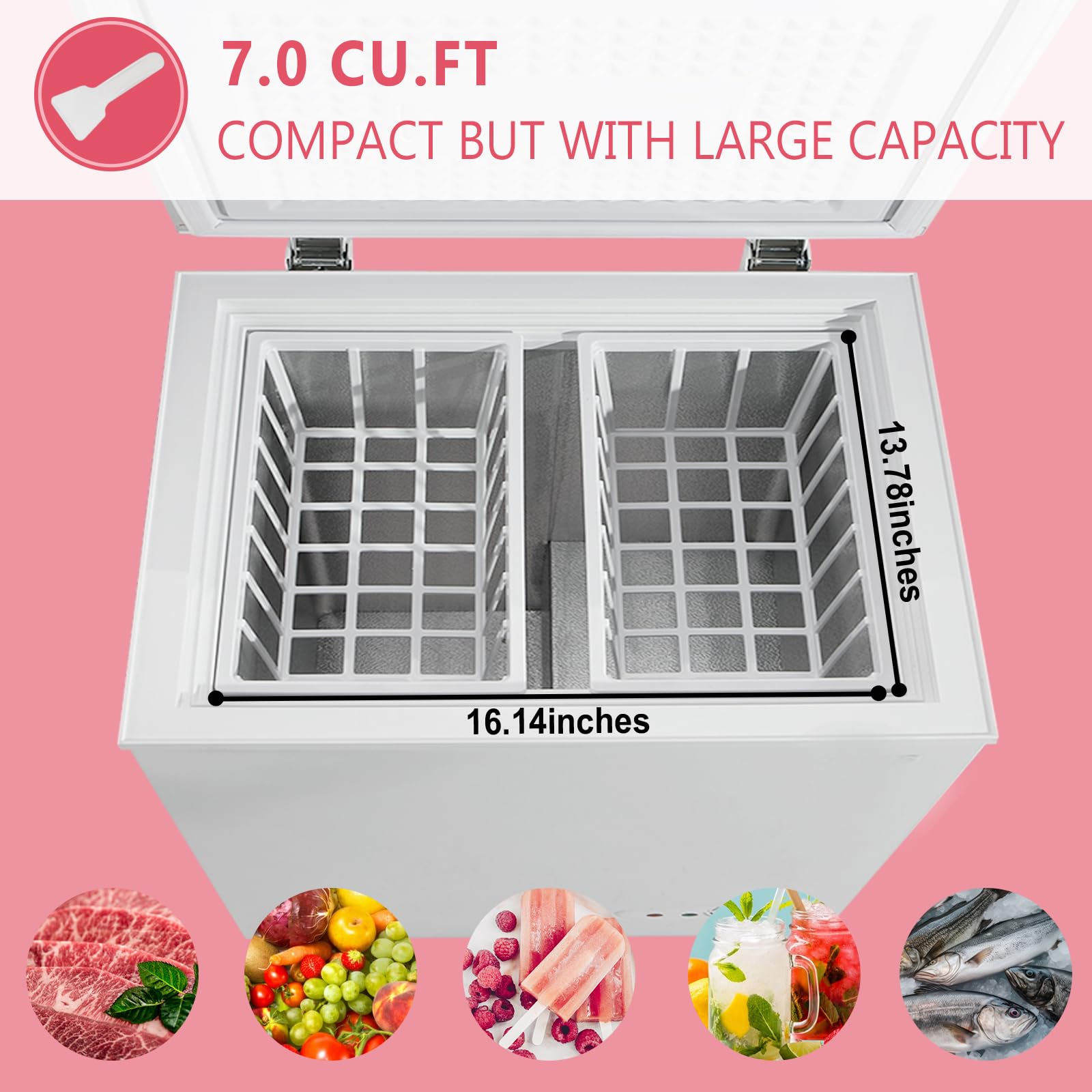 KRIB BLING Chest Freezer with Freezer Basket, 7.0 Cu. Ft Mini Freezer 7 Temperature Levels Thermostat, Top Door Open, Ideal for Home, Kitchen & Office, White