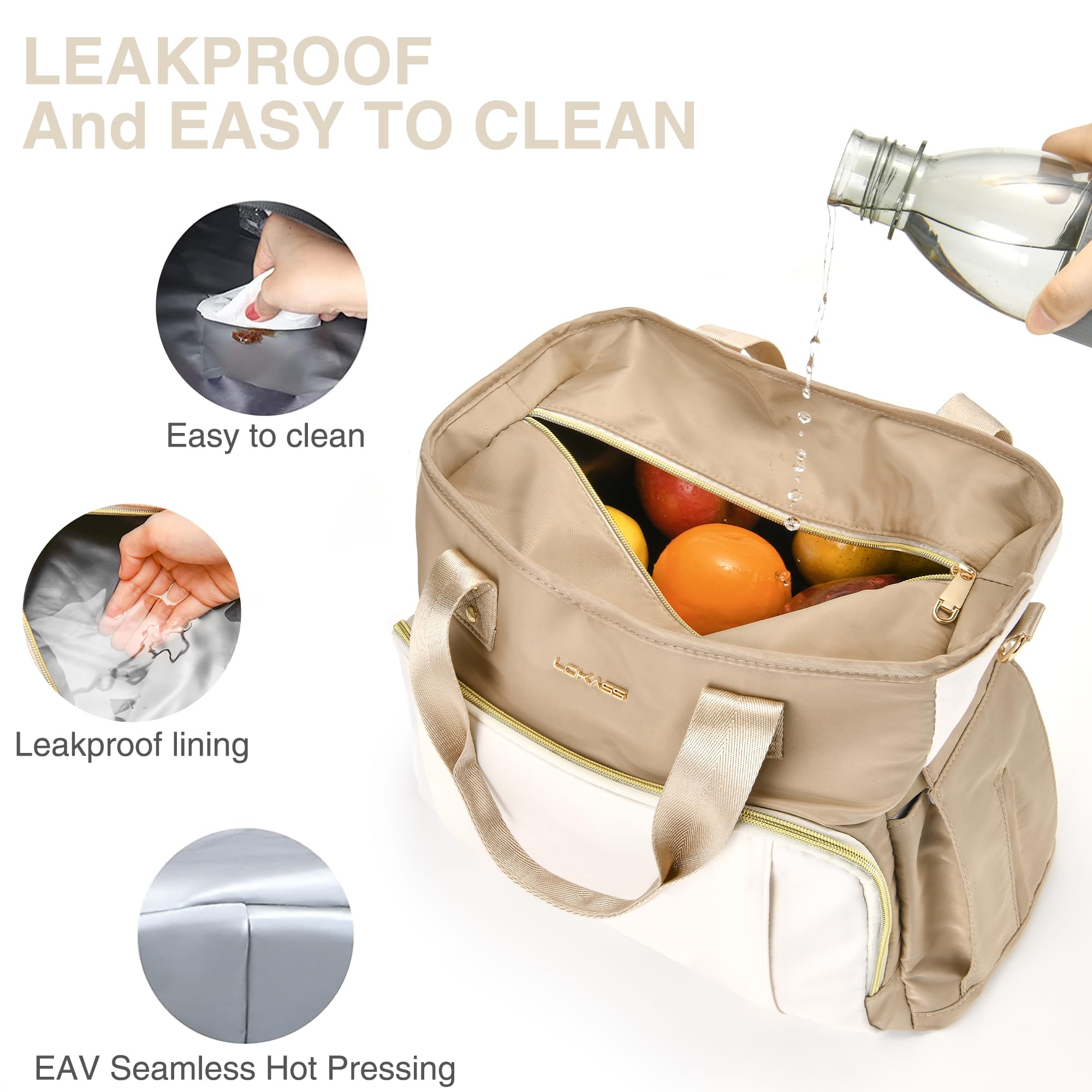 DTBG Lunch Bag Women - Stylish & Insulated Wetproof Lunch Tote Bag - Newest Gifts with Multi-Pockets, Removable Strap - Leakproof Reusable Lunch Box Ideal for Work, Picnics - Beige