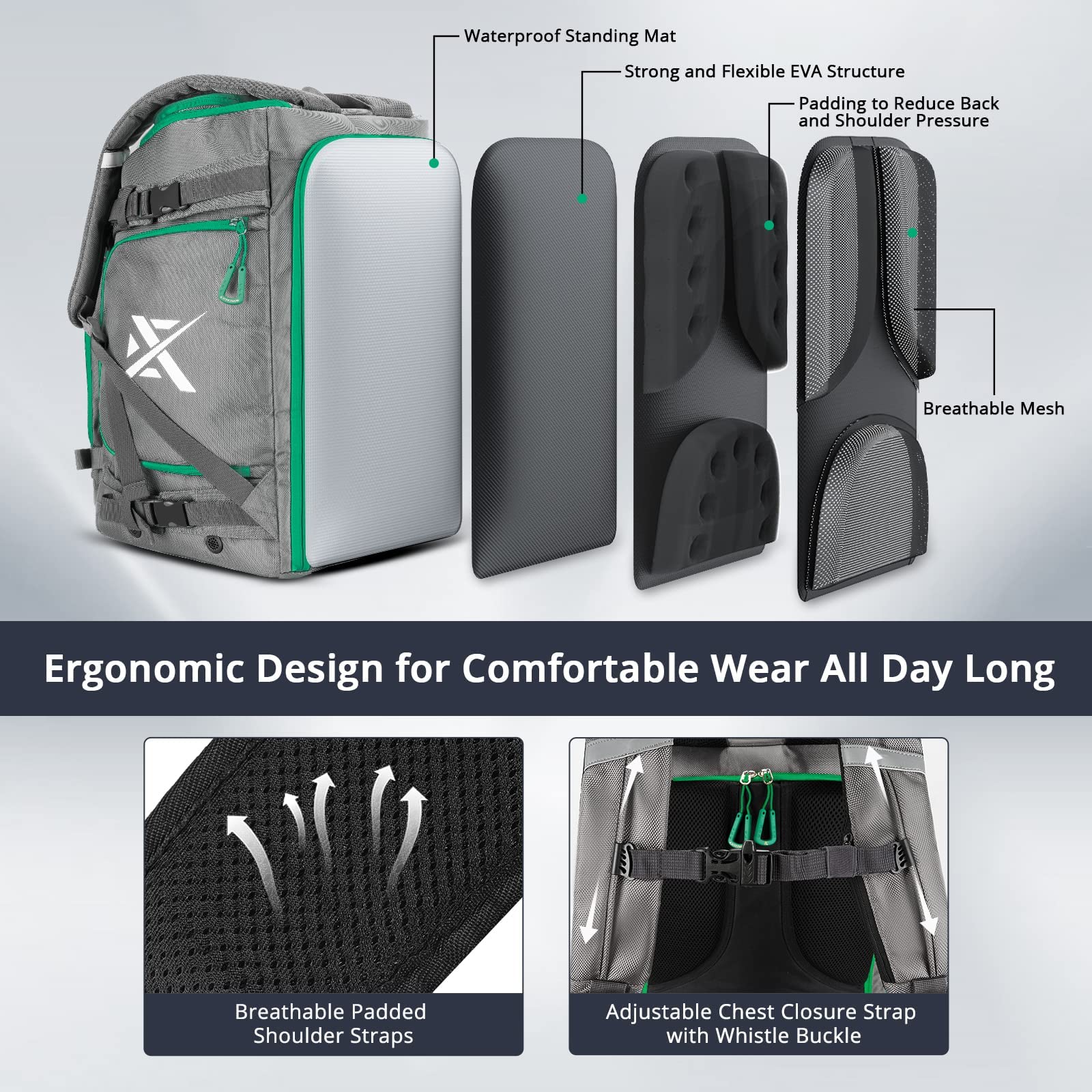 Extremus Ski Boot Bag, 70L Waterproof Snowboard Backpack,Large Capacity Ski Travel Bag Luggage for Ski Boots, Ski Helmet, Goggles, Gloves, Apparel & Skiing Gear Accessories