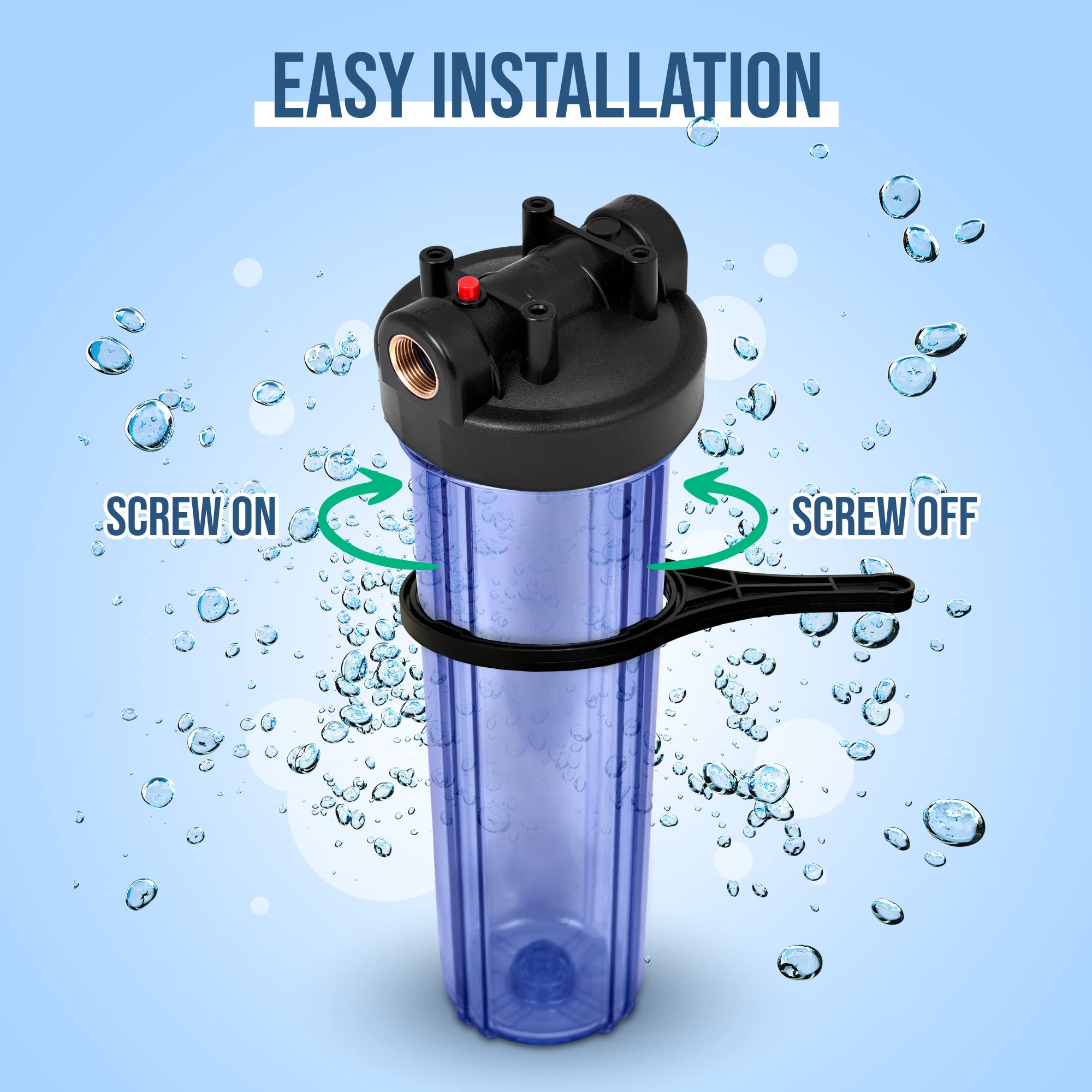 High Capacity 20 x 4.5-Inches Transparent Whole House Water Filter Purifier System with Presser Relief Button, 1β Inlet/Outlet Brass Port & Yearly Supply (4) Polypropylene Sediment Cartridges 5 Micron