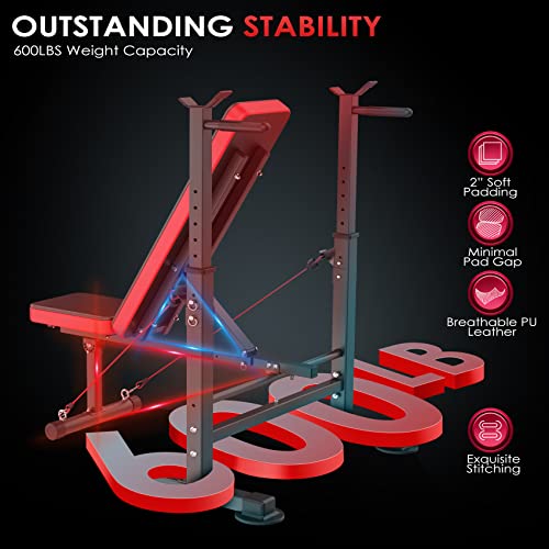 OPPSDECOR 600lbs 6 in 1 Weight Bench Set with Squat Rack Adjustable Workout Bench with Leg Developer Preacher Curl Rack Fitness Strength Training for Home Gym